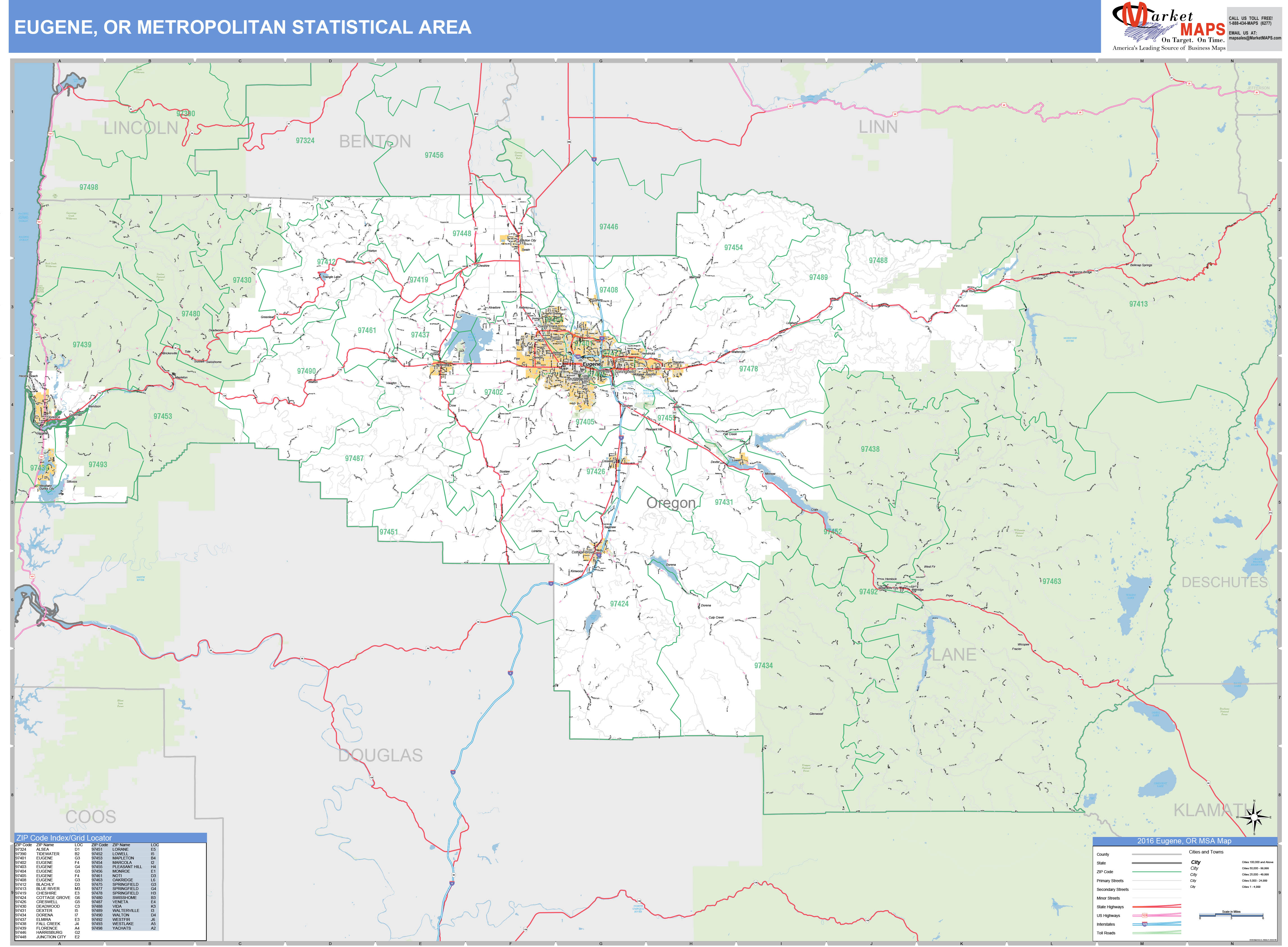 Eugene, OR Metro Area Wall Map Basic Style by MarketMAPS - MapSales