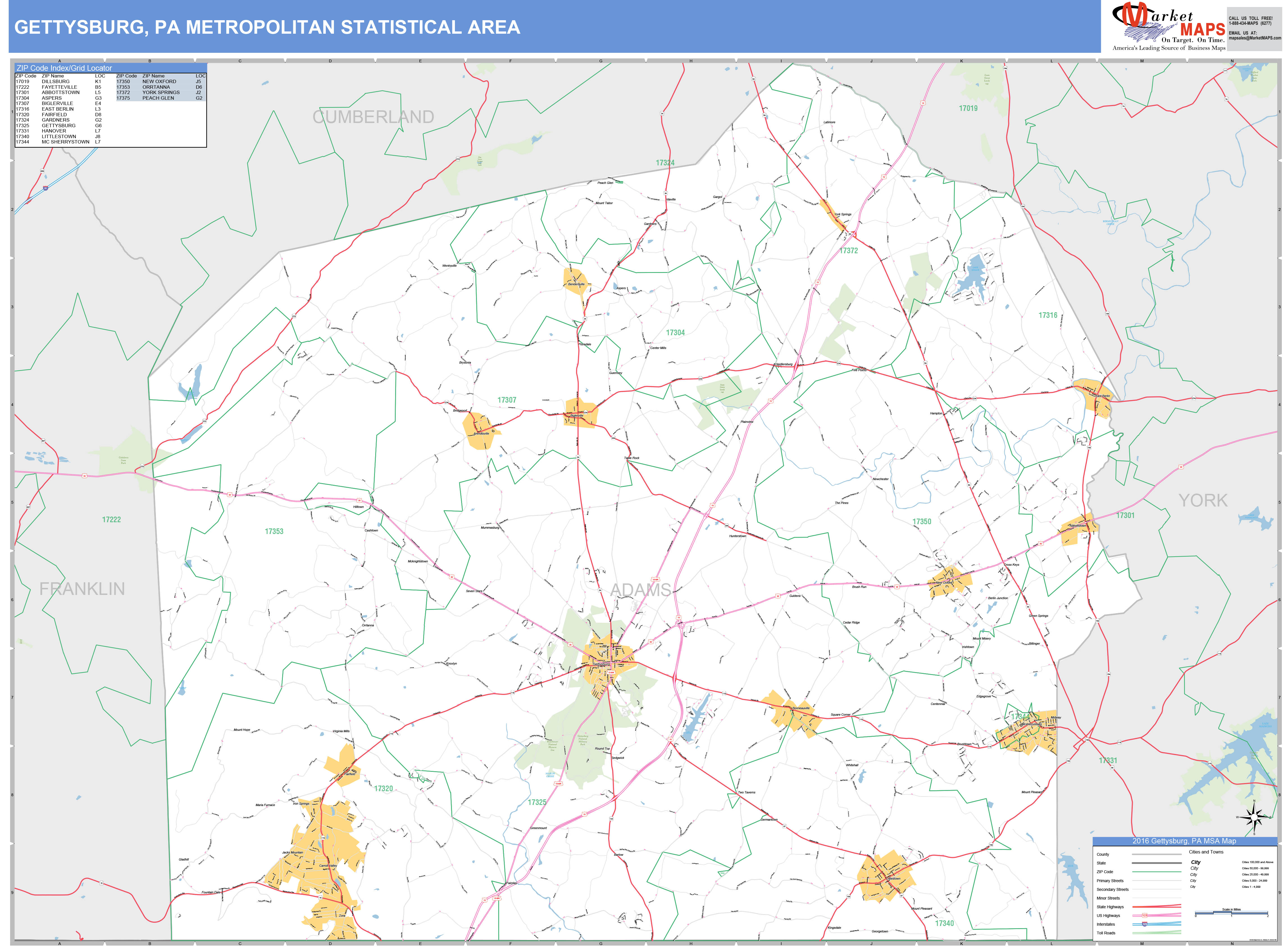 Gettysburg, PA Metro Area Wall Map Basic Style by MarketMAPS - MapSales.com