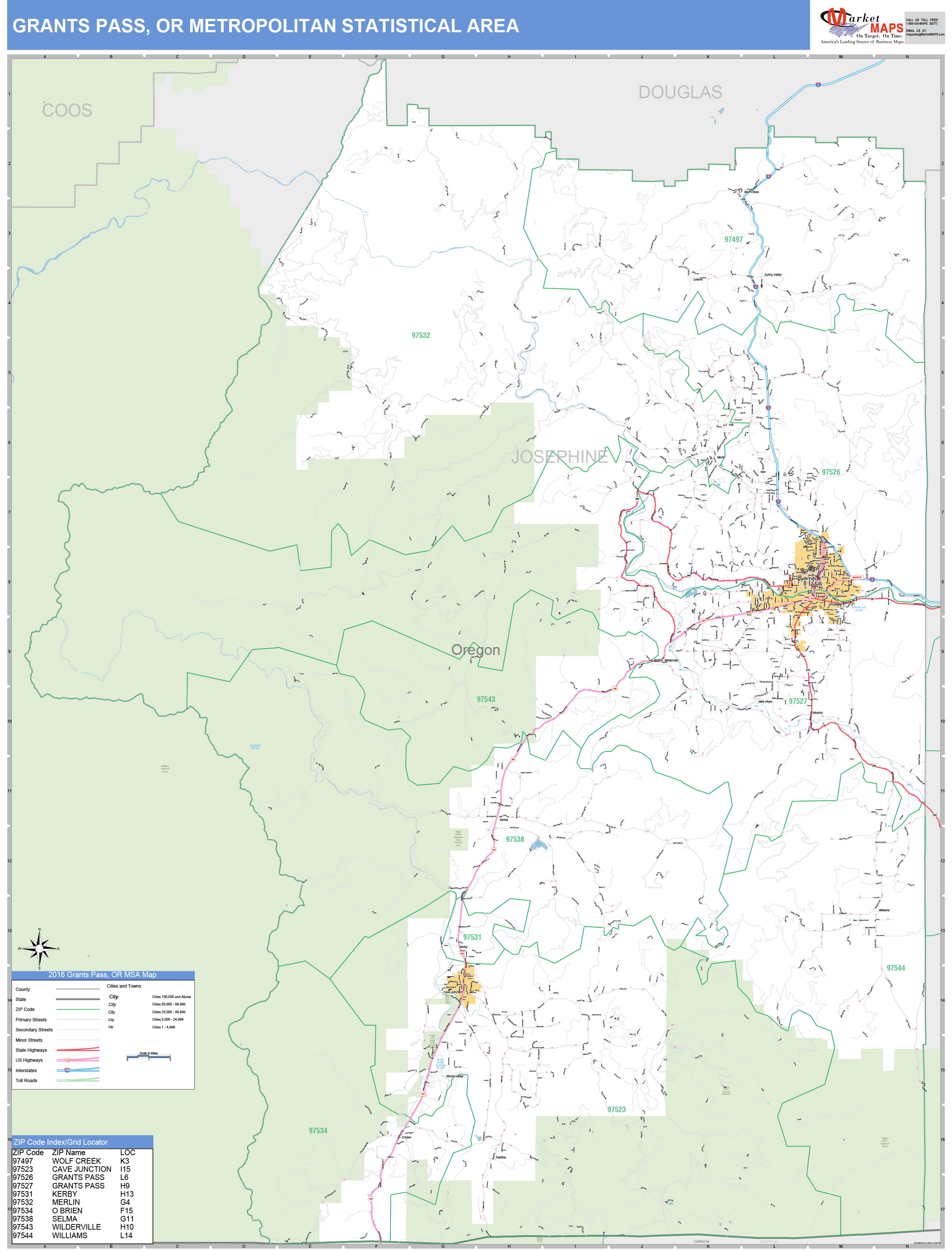 Grants Pass, OR Metro Area Wall Map Basic Style by MarketMAPS