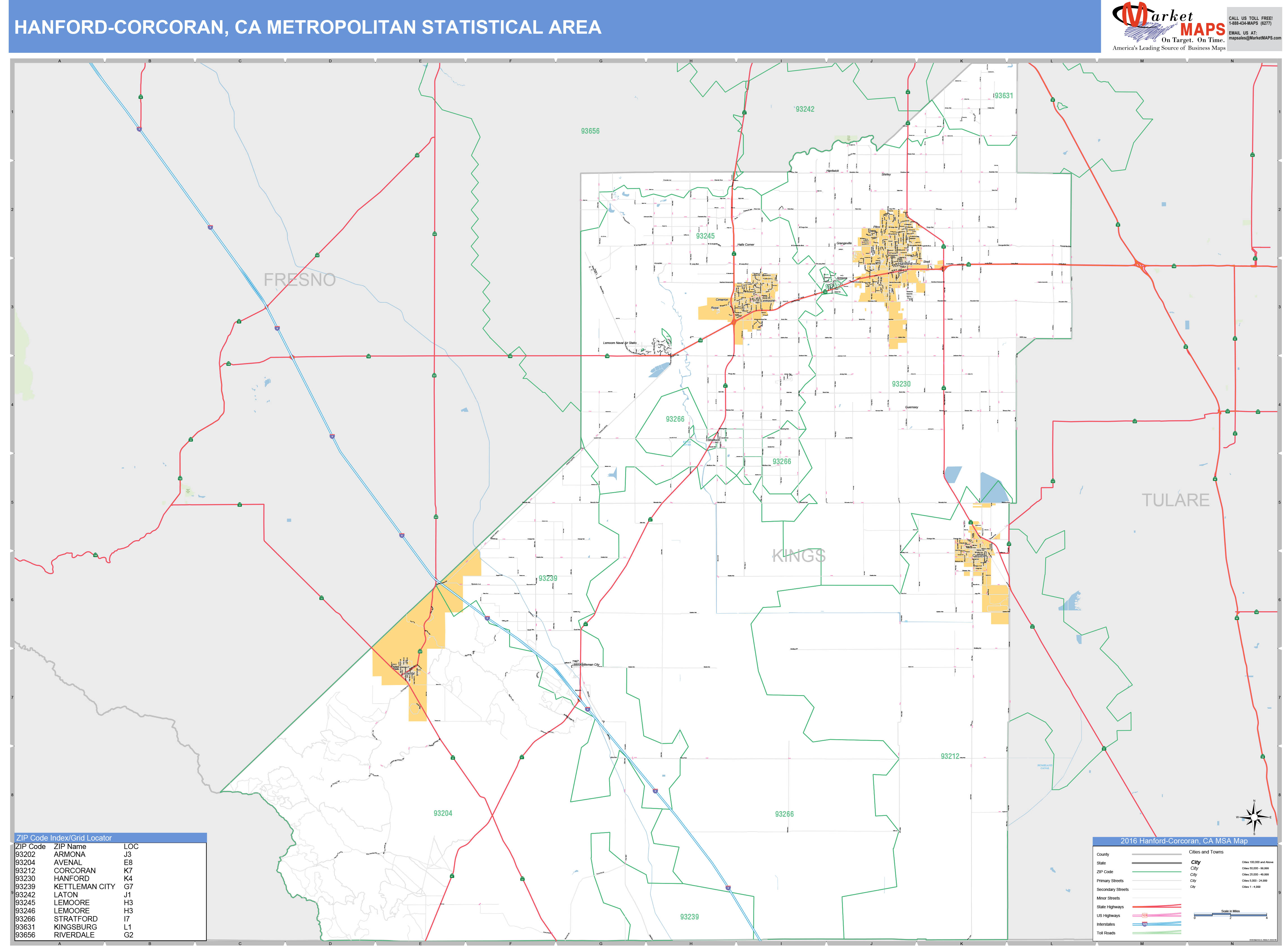 Hanford-Corcoran, CA Metro Area Wall Map Basic Style by MarketMAPS