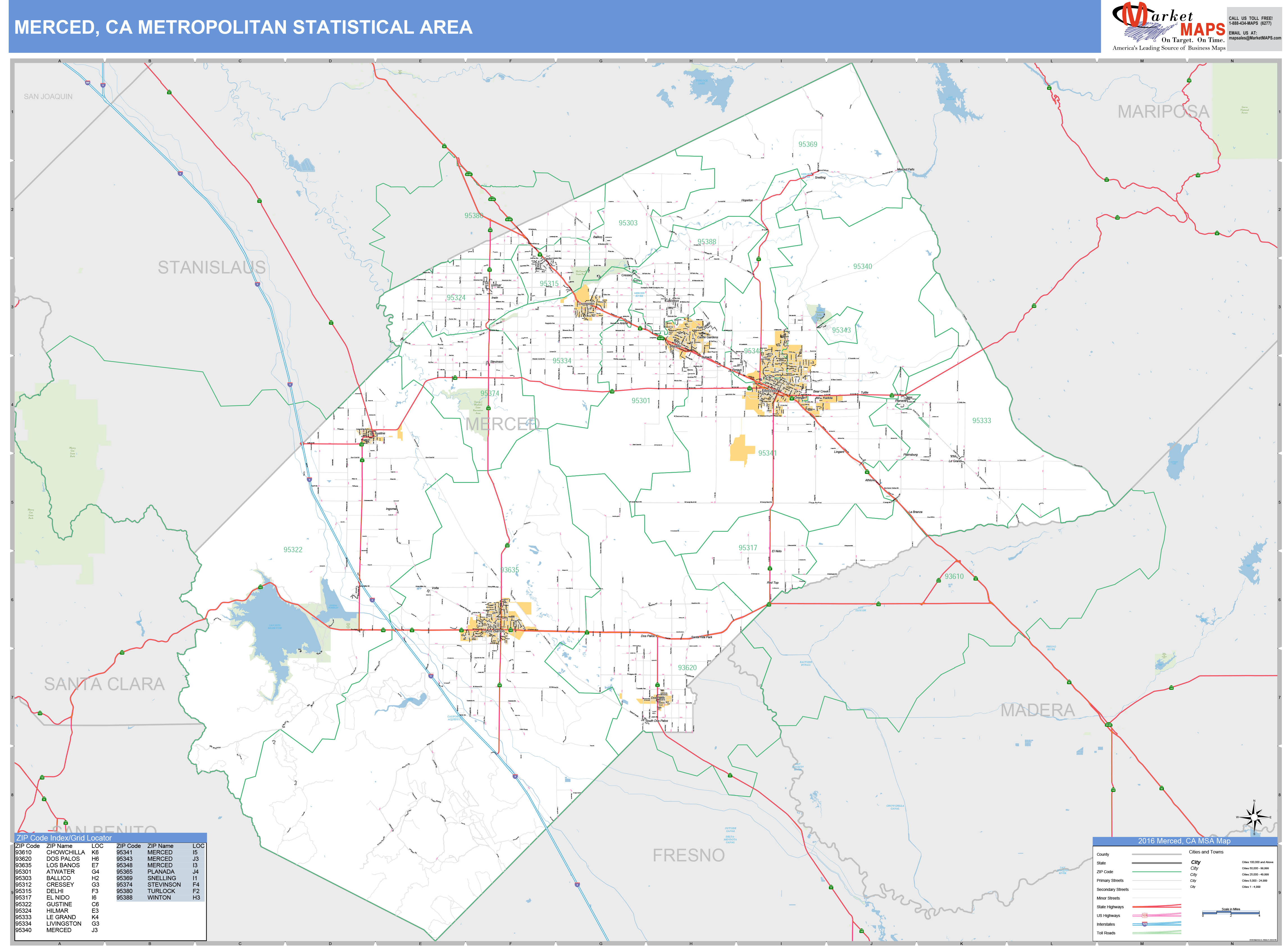 Merced, CA Metro Area Wall Map Basic Style by MarketMAPS - MapSales.com