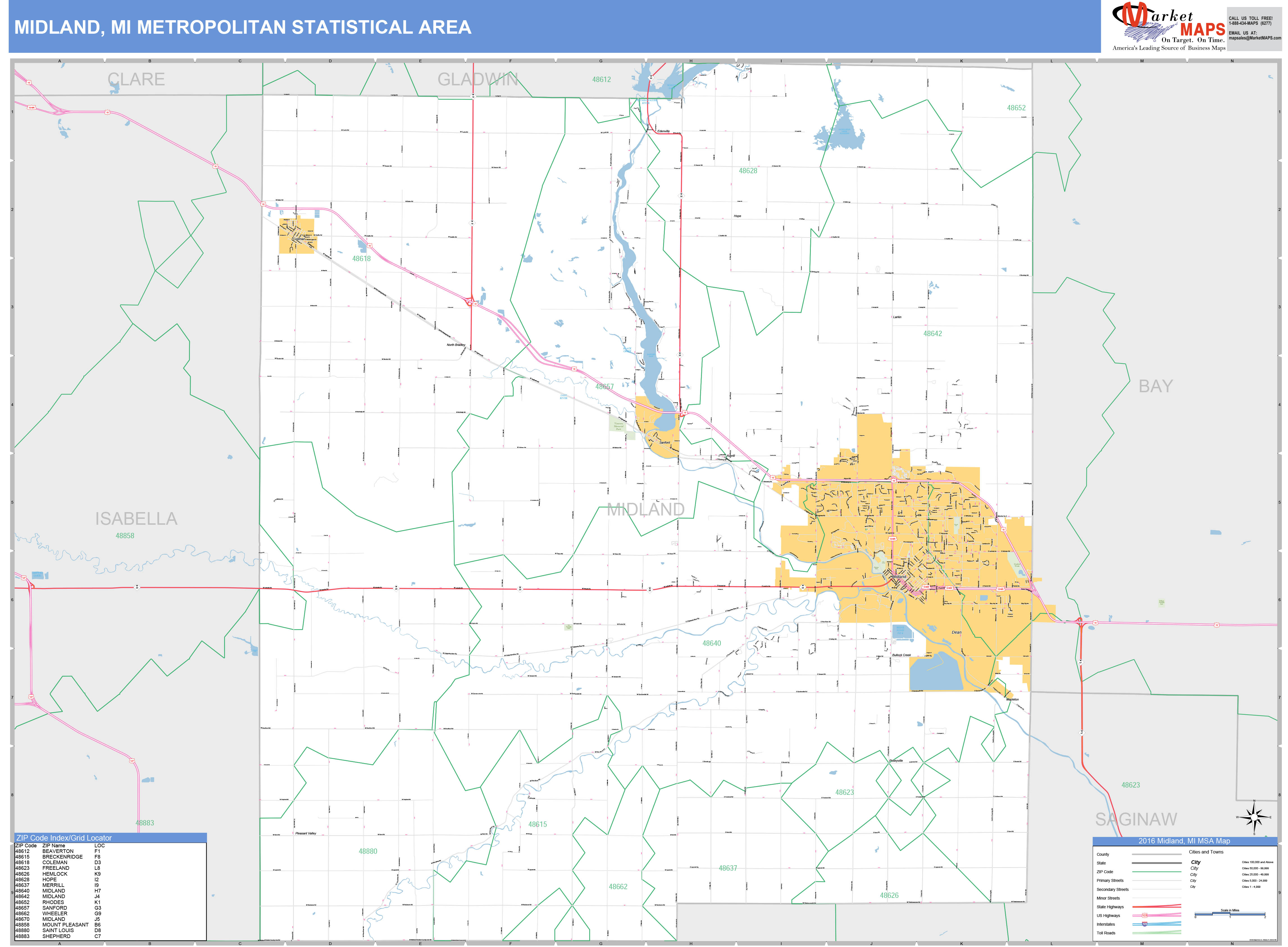 Midland, MI Metro Area Wall Map Basic Style by MarketMAPS - MapSales