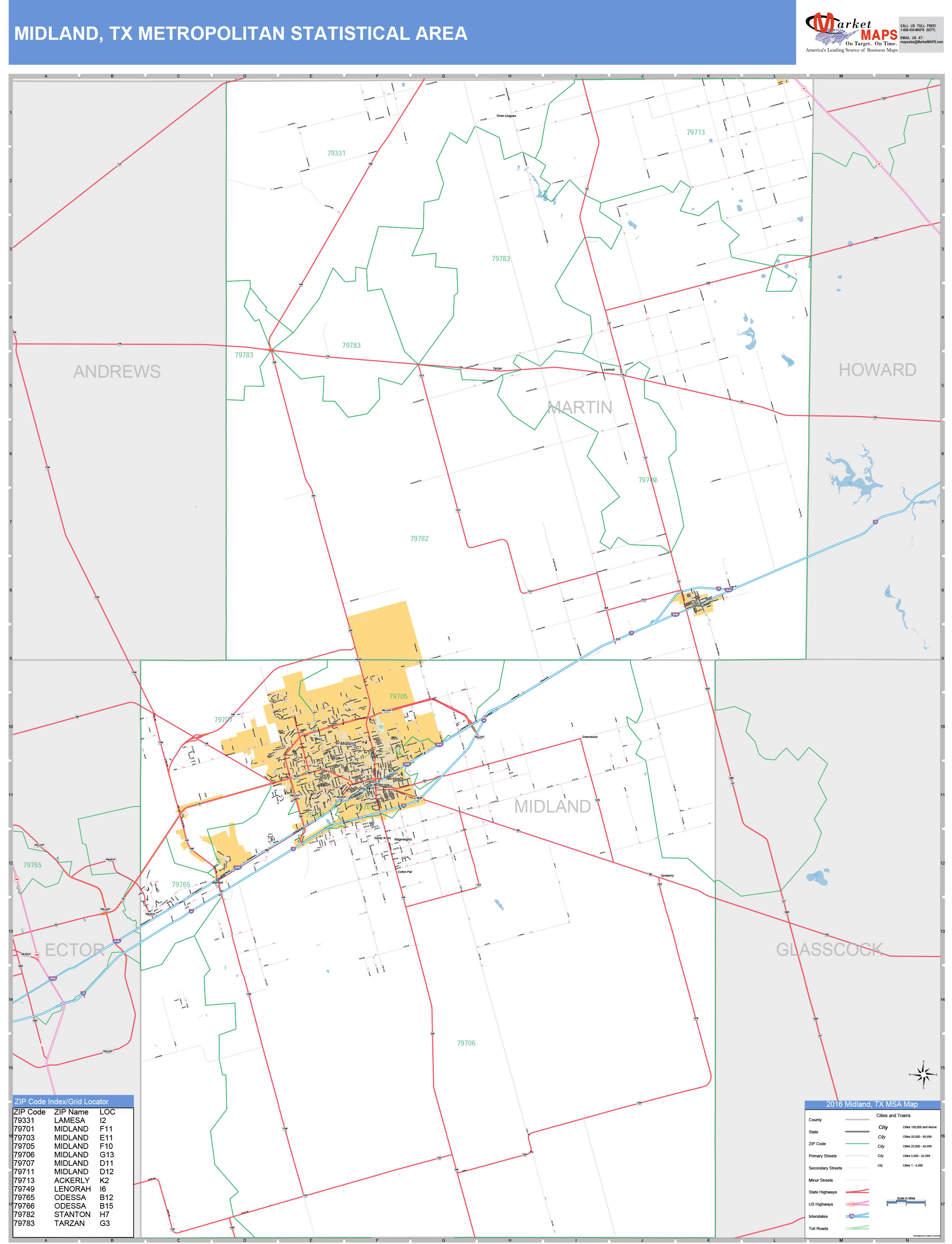 Midland, TX Metro Area Wall Map Basic Style by MarketMAPS - MapSales