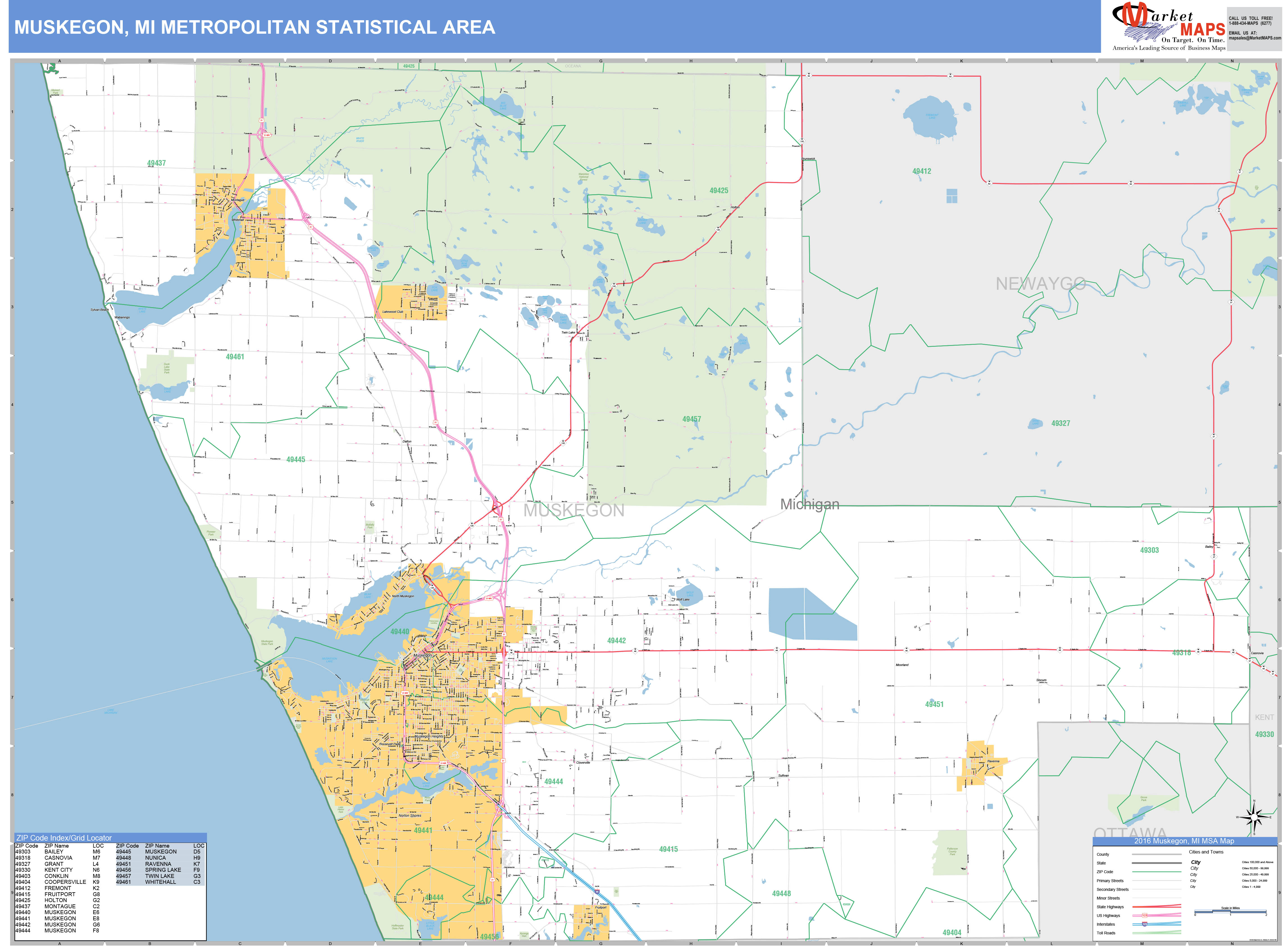 Muskegon, MI Metro Area Wall Map Basic Style by MarketMAPS - MapSales