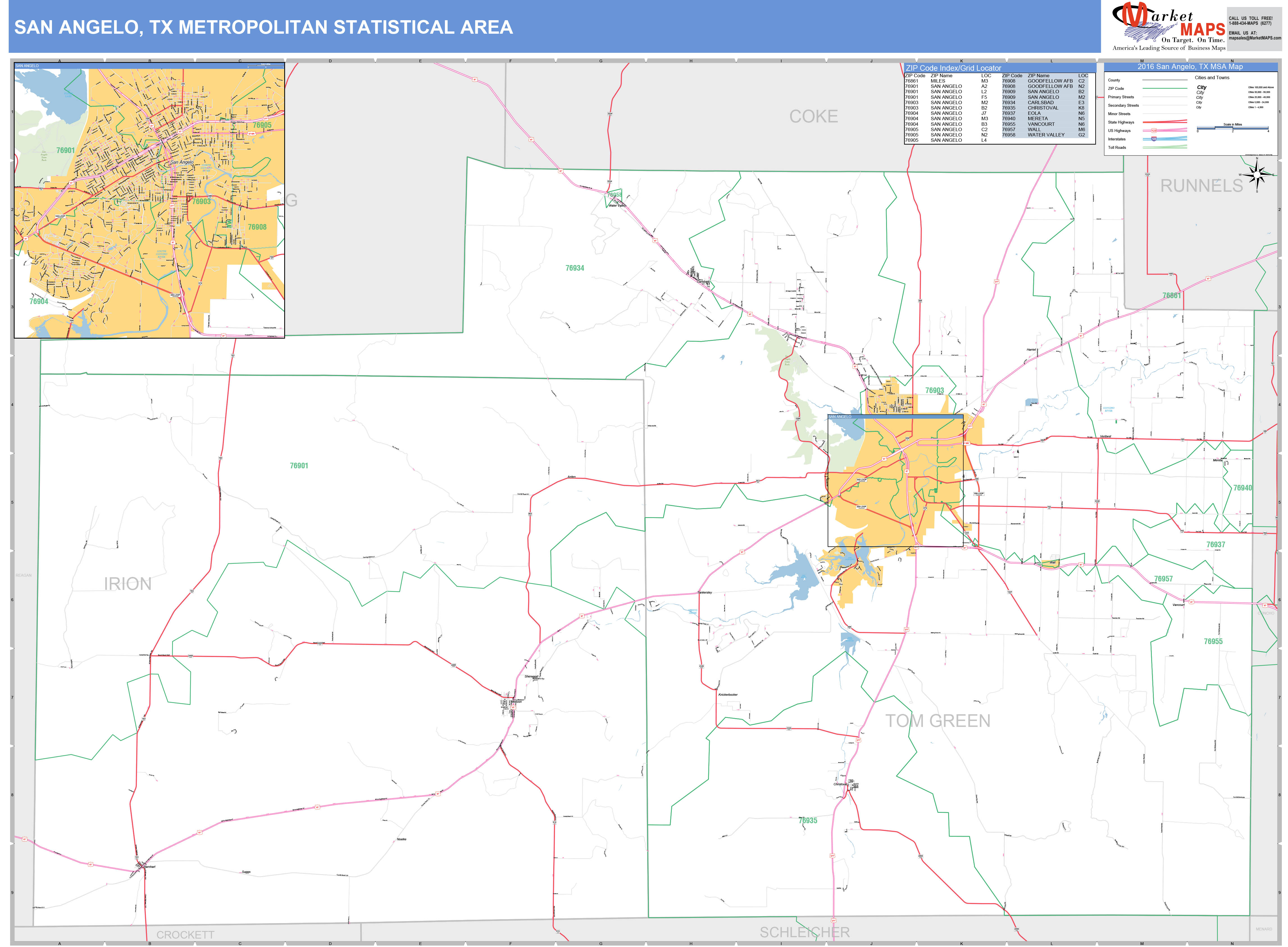 San Angelo, TX Metro Area Wall Map Basic Style by MarketMAPS - MapSales.com