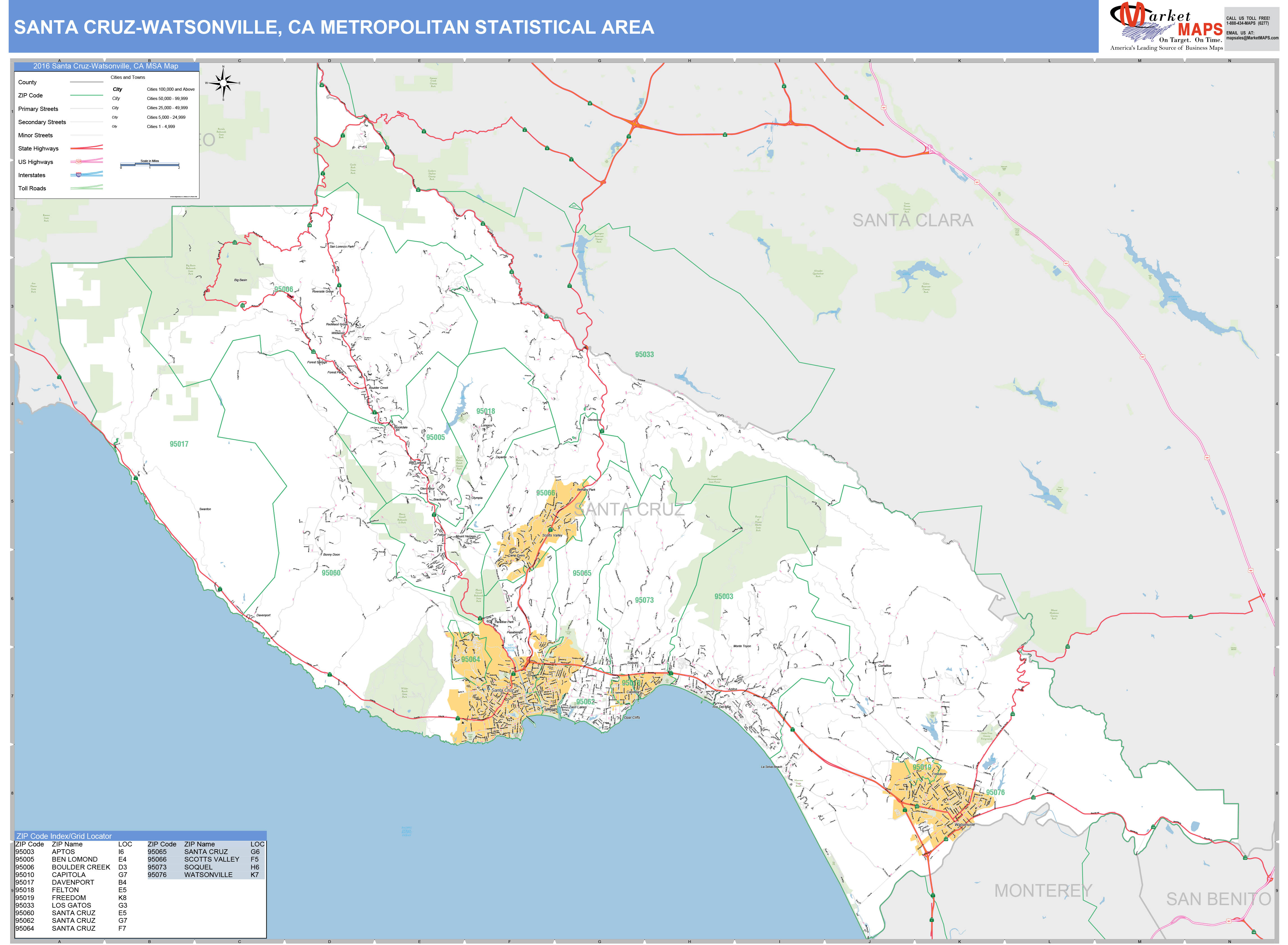 Santa Cruz-Watsonville, CA Metro Area Wall Map Basic Style by MarketMAPS