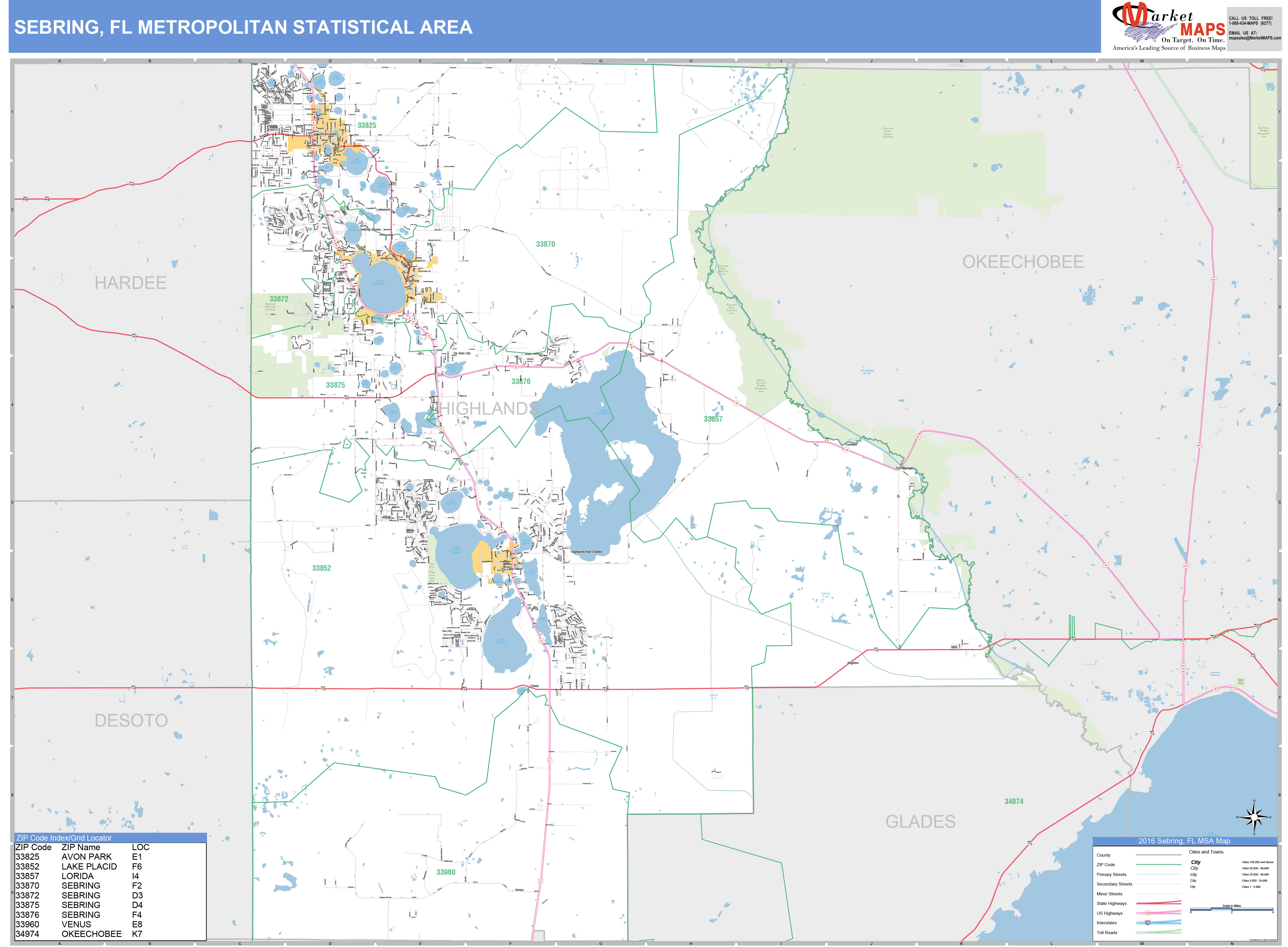 Sebring, FL Metro Area Wall Map Basic Style by MarketMAPS - MapSales.com