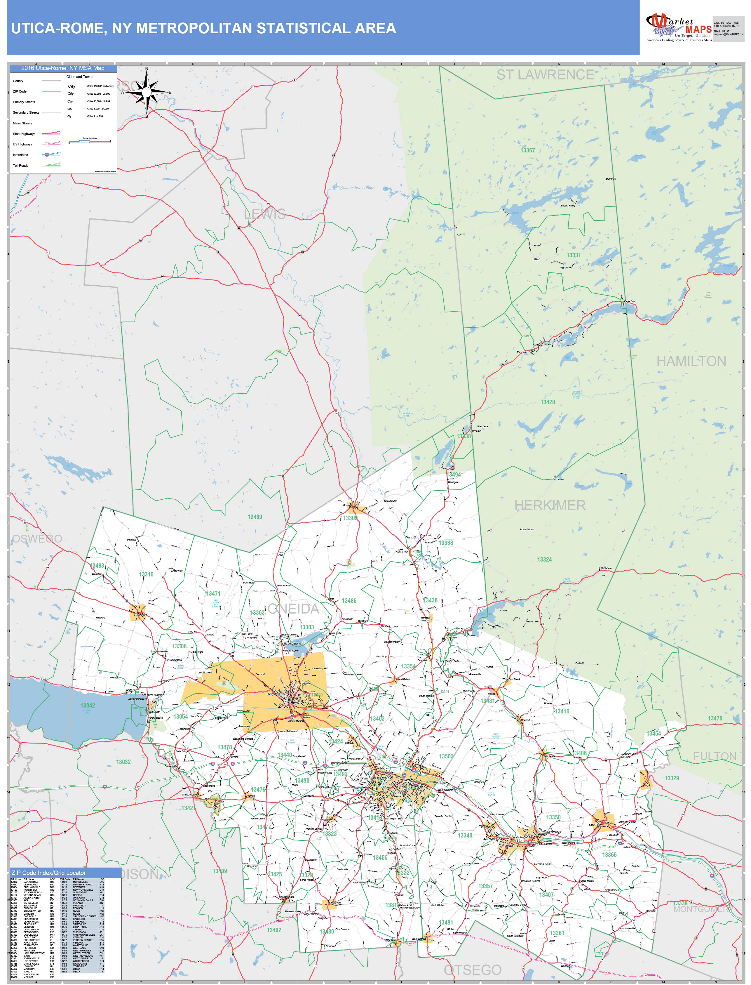 Utica-Rome, NY Metro Area Wall Map Basic Style by MarketMAPS