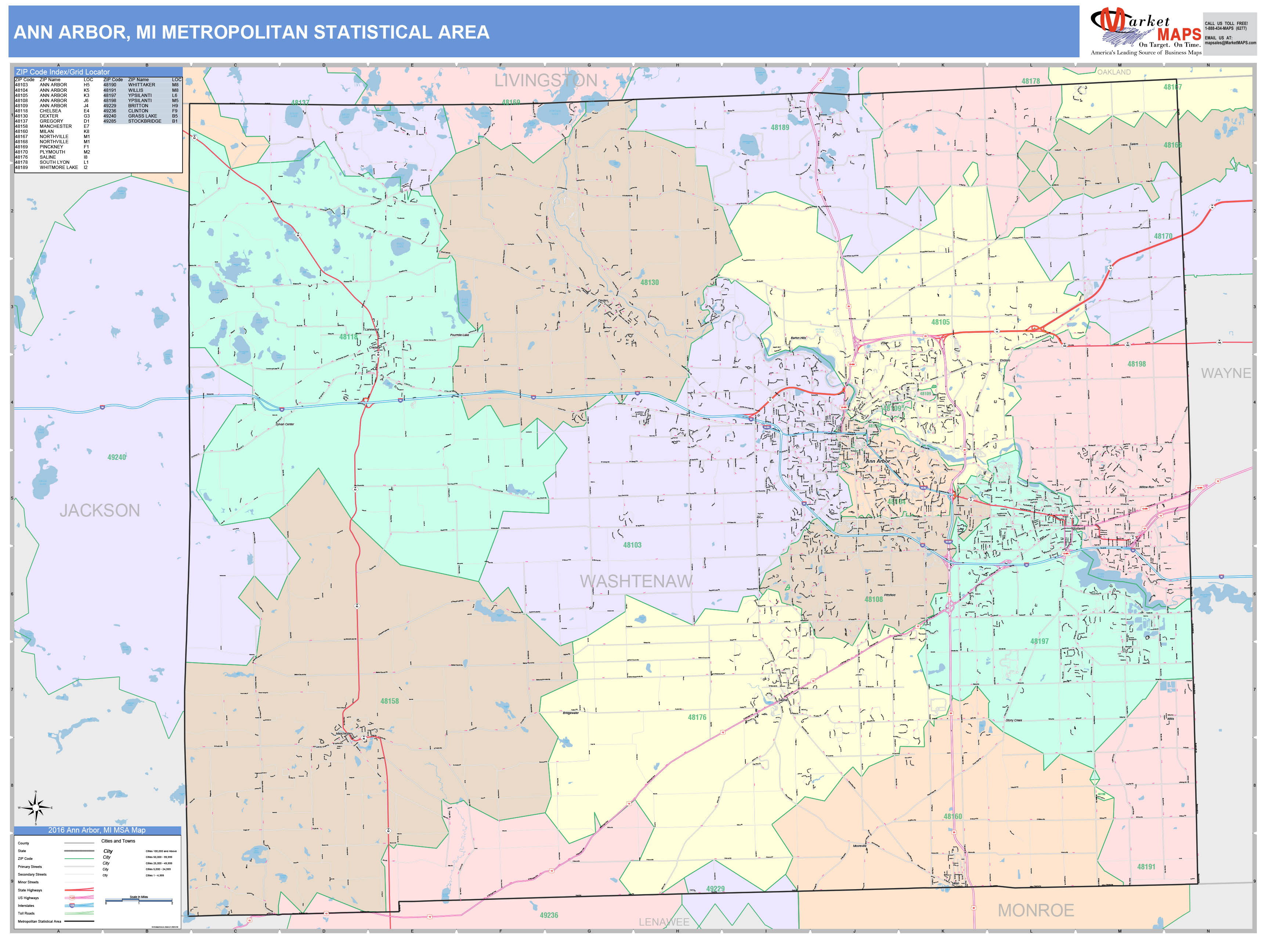 Ann Arbor, MI Metro Area Wall Map Color Cast Style by MarketMAPS
