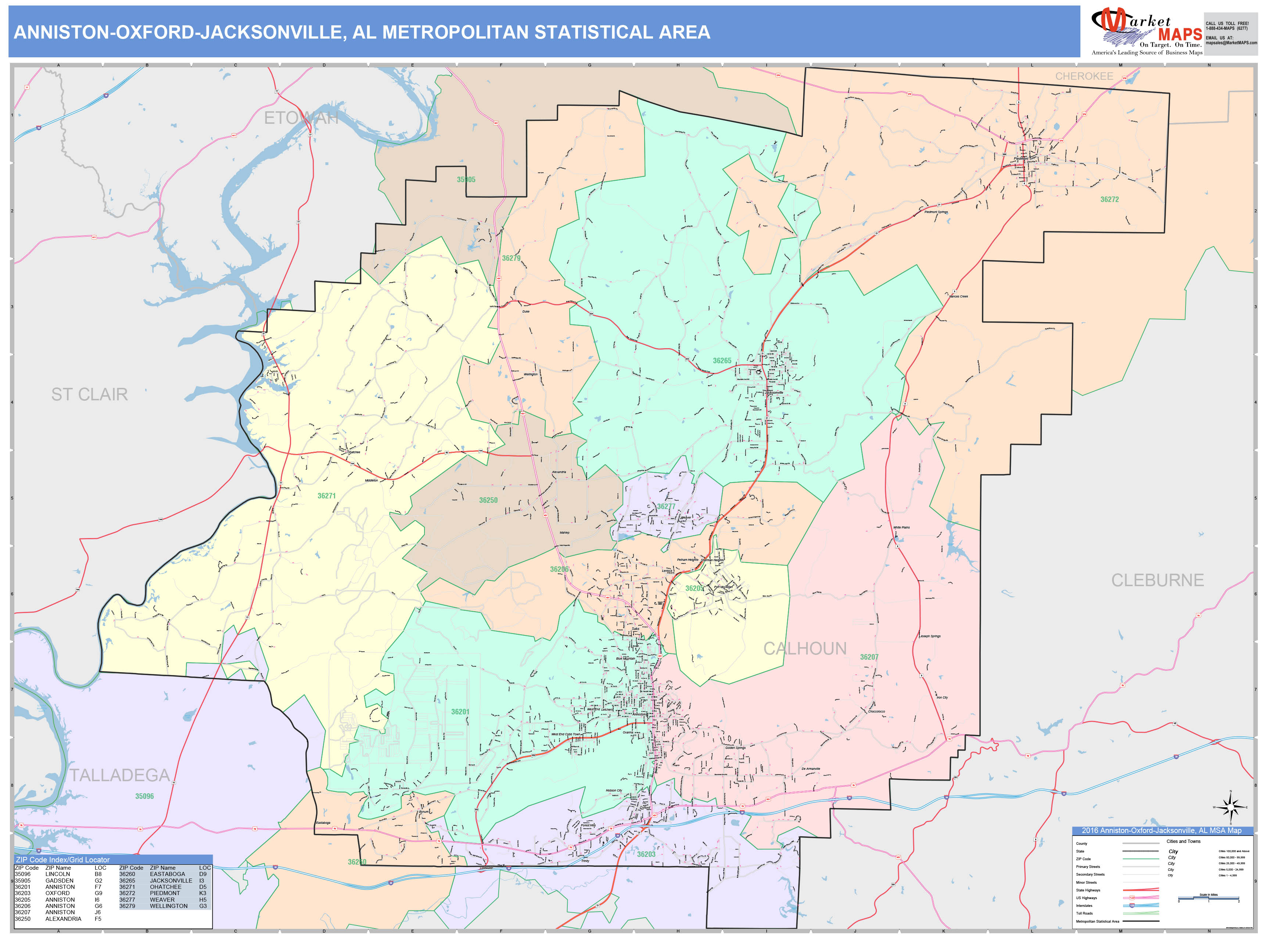 Anniston-Oxford-Jacksonville, AL Metro Area Wall Map Color Cast Style ...
