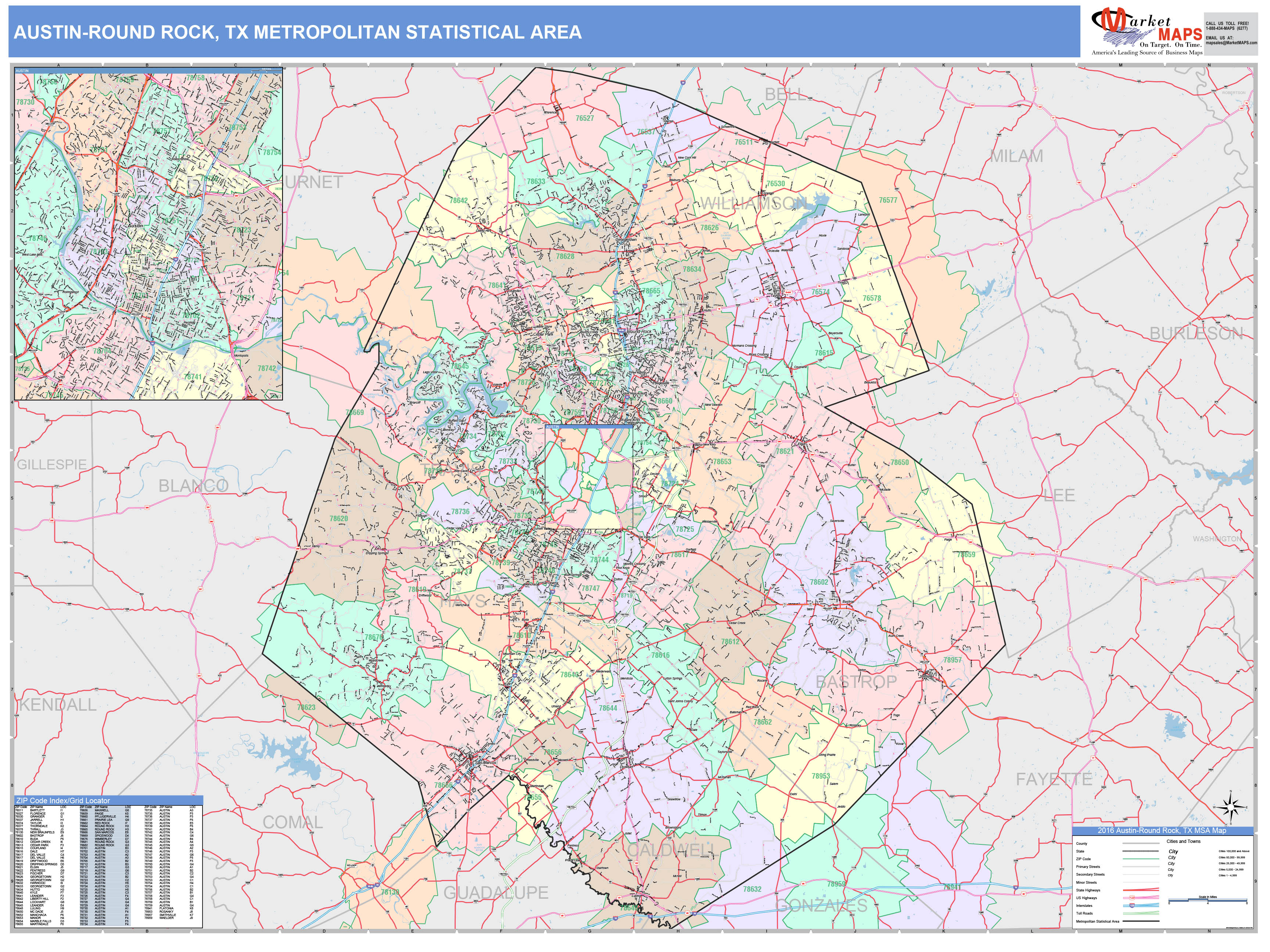Austin-Round Rock, TX Metro Area Wall Map Color Cast Style by MarketMAPS