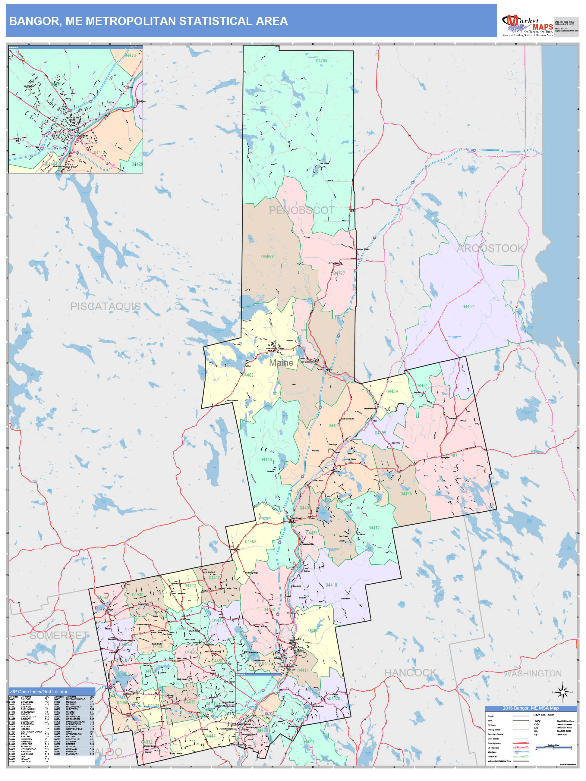 Bangor, ME Metro Area Wall Map Color Cast Style by MarketMAPS ...
