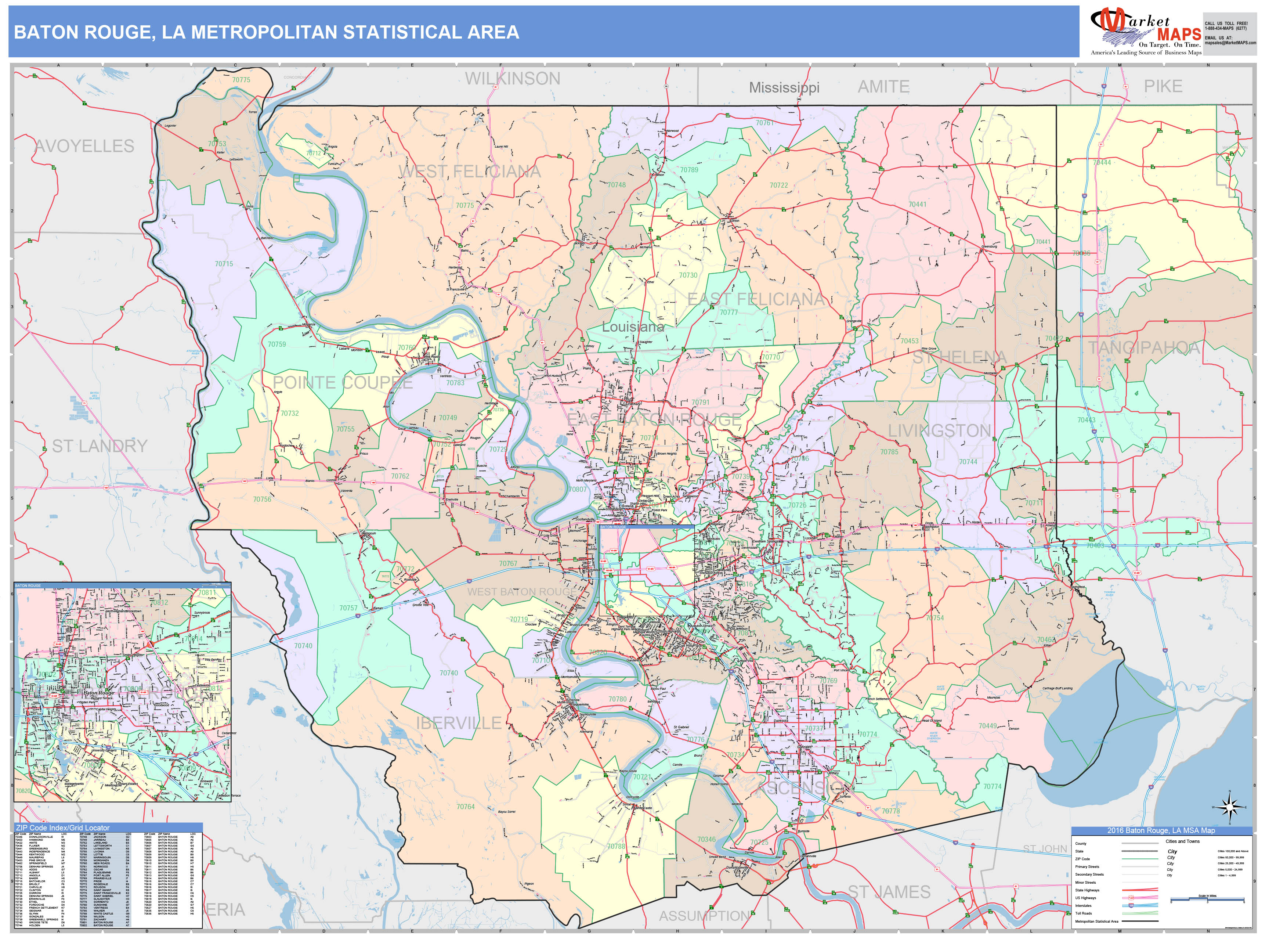 Baton Rouge, LA Metro Area Wall Map Color Cast Style by MarketMAPS