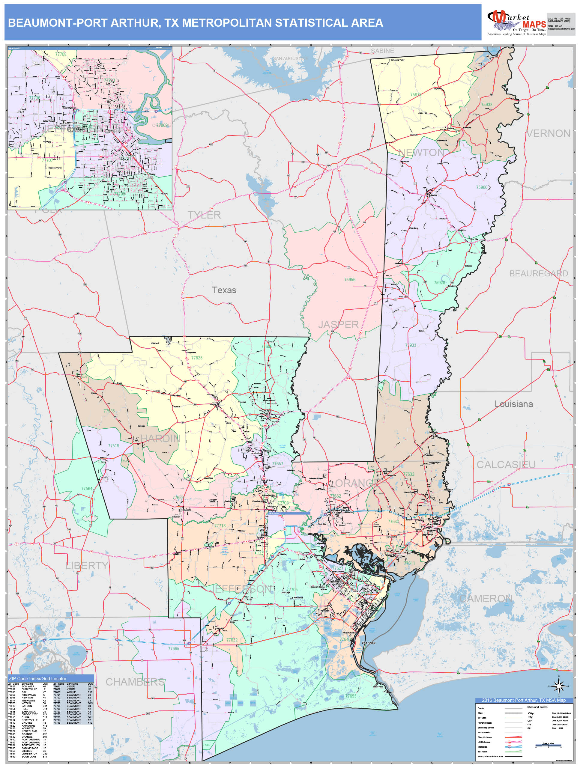 Beaumont-Port Arthur, TX Metro Area Wall Map Color Cast Style by ...