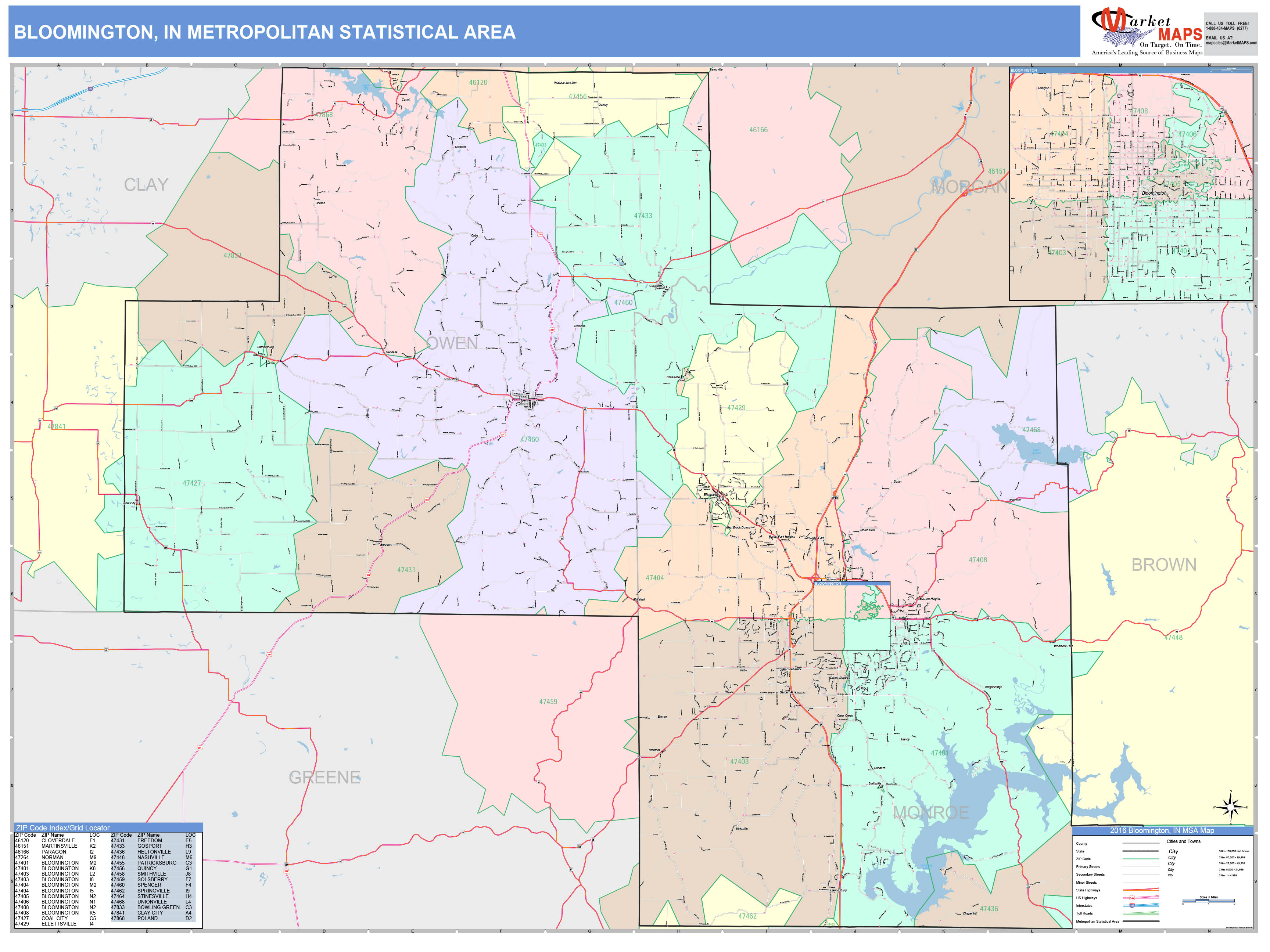 Bloomington, IN Metro Area Wall Map Color Cast Style by MarketMAPS ...
