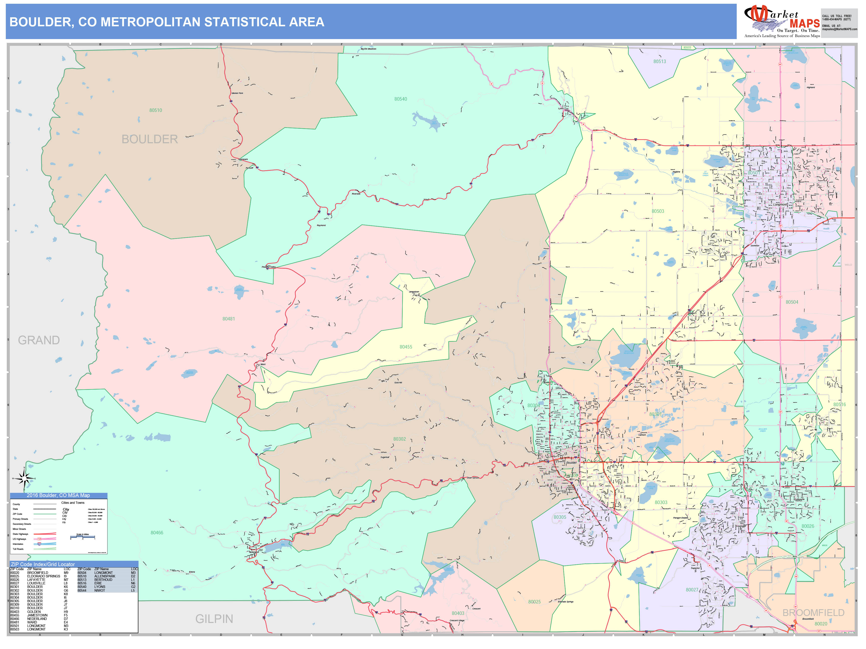Boulder, CO Metro Area Wall Map Color Cast Style by MarketMAPS ...
