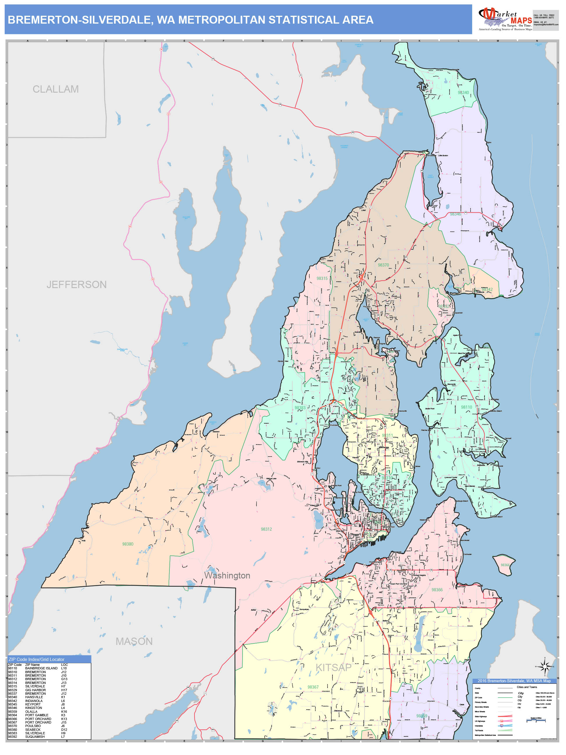 Bremerton-Silverdale, WA Metro Area Wall Map Color Cast Style by MarketMAPS