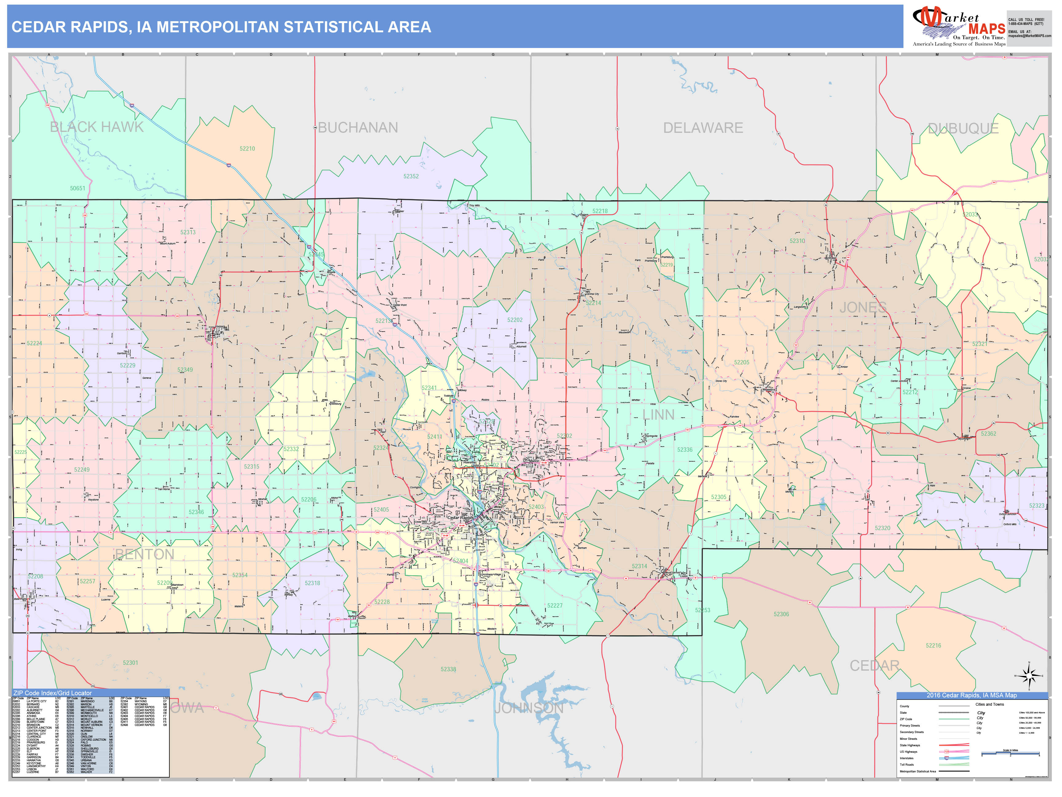 Cedar Rapids, IA Metro Area Wall Map Color Cast Style by MarketMAPS
