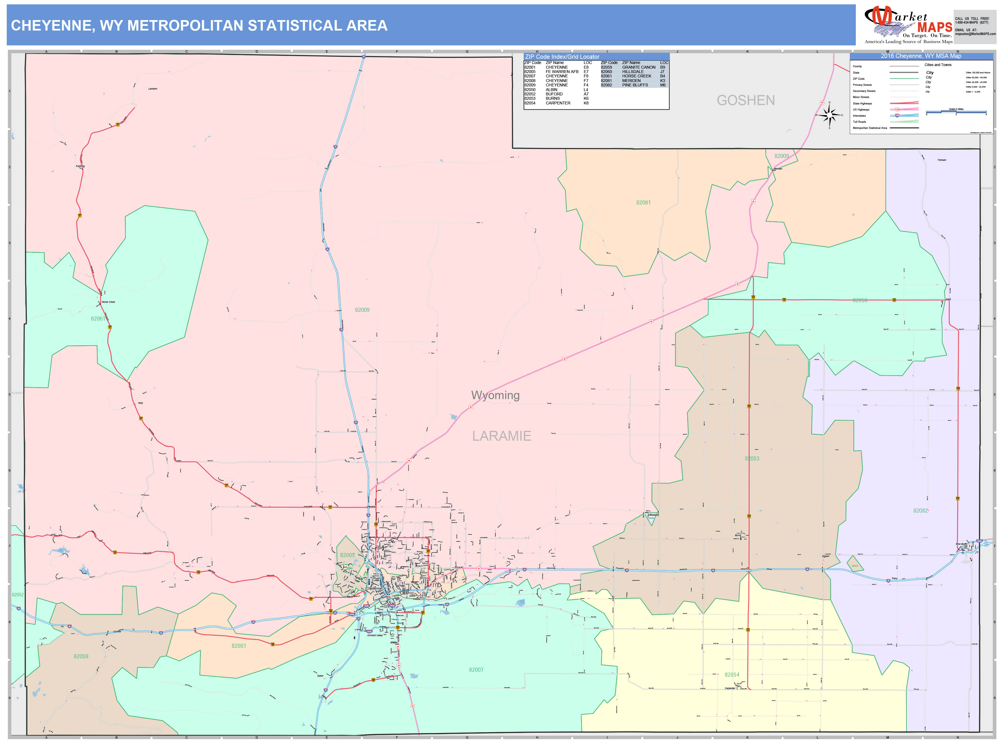 Cheyenne, WY Metro Area Wall Map Color Cast Style by MarketMAPS - MapSales