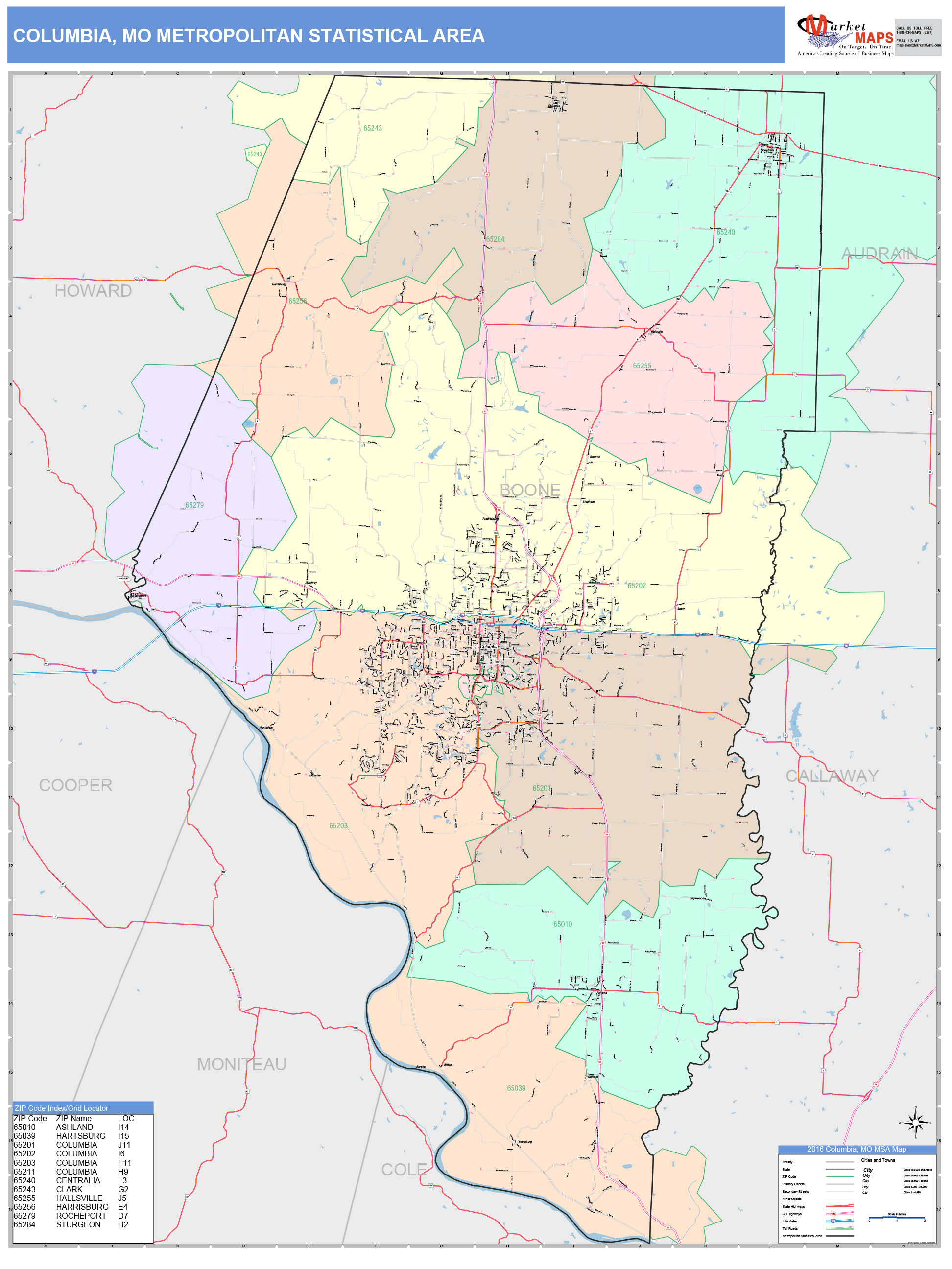 Columbia, MO Metro Area Wall Map Color Cast Style by MarketMAPS ...