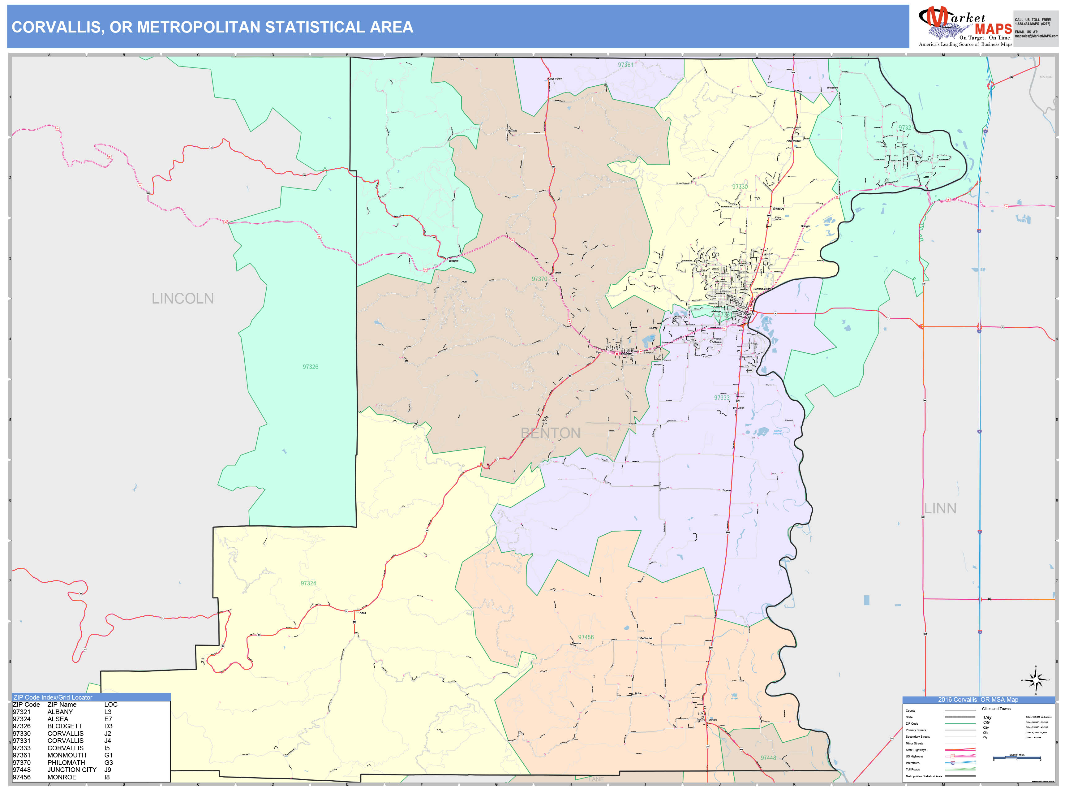 Corvallis, OR Metro Area Wall Map Color Cast Style by MarketMAPS - MapSales
