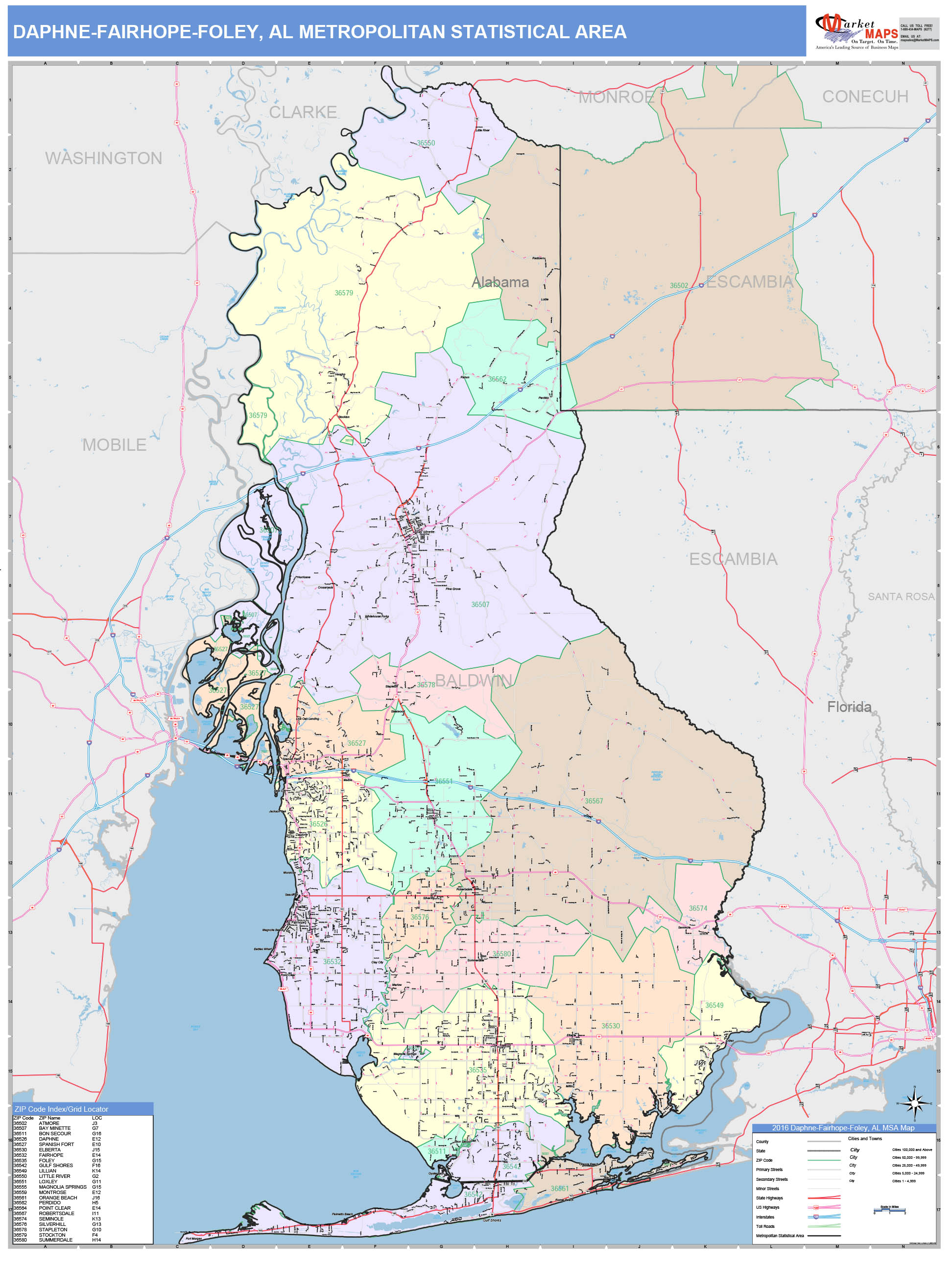 Daphne-Fairhope-Foley, AL Metro Area Wall Map Color Cast Style by ...