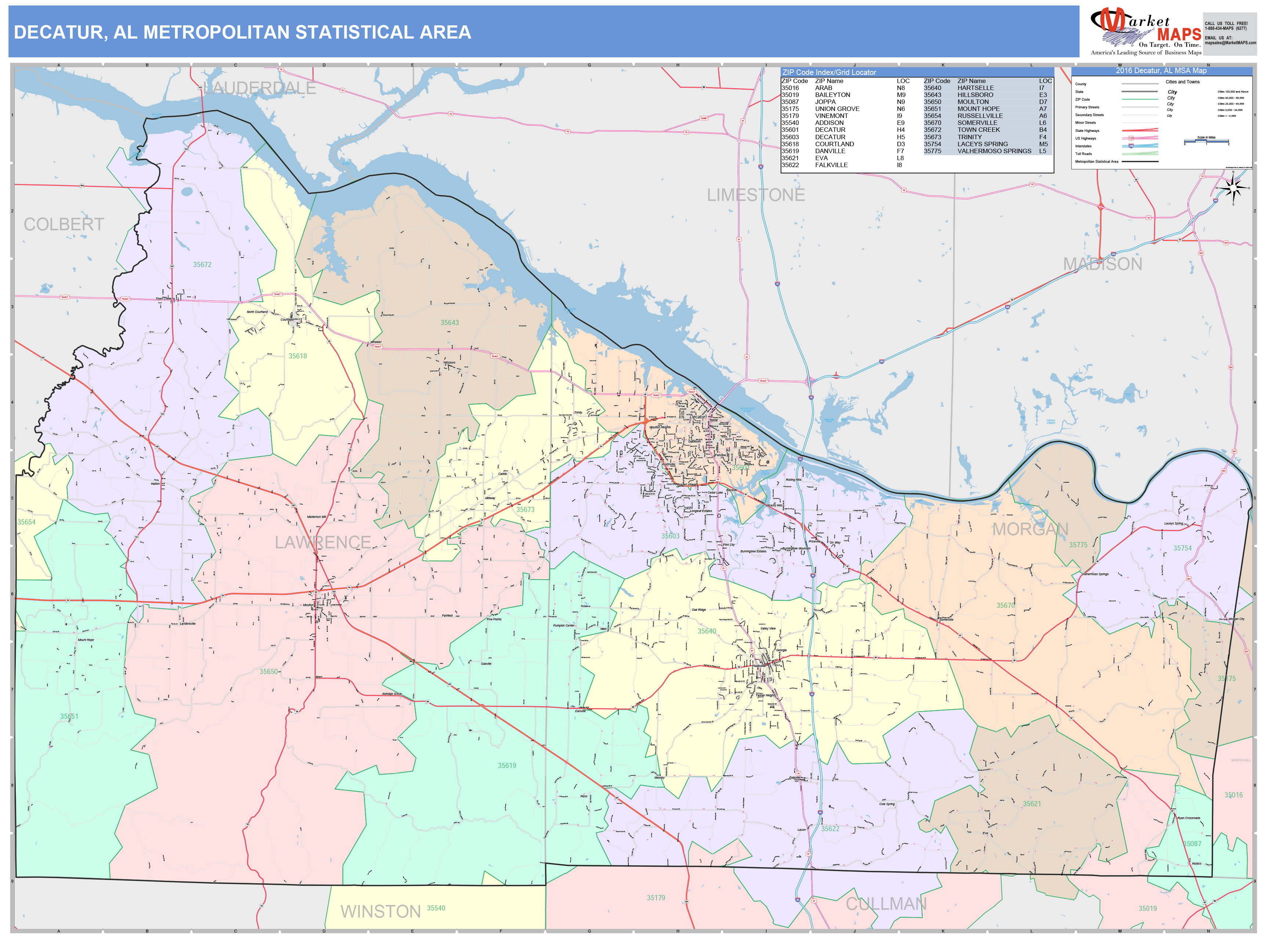 Decatur, AL Metro Area Wall Map Color Cast Style by MarketMAPS - MapSales
