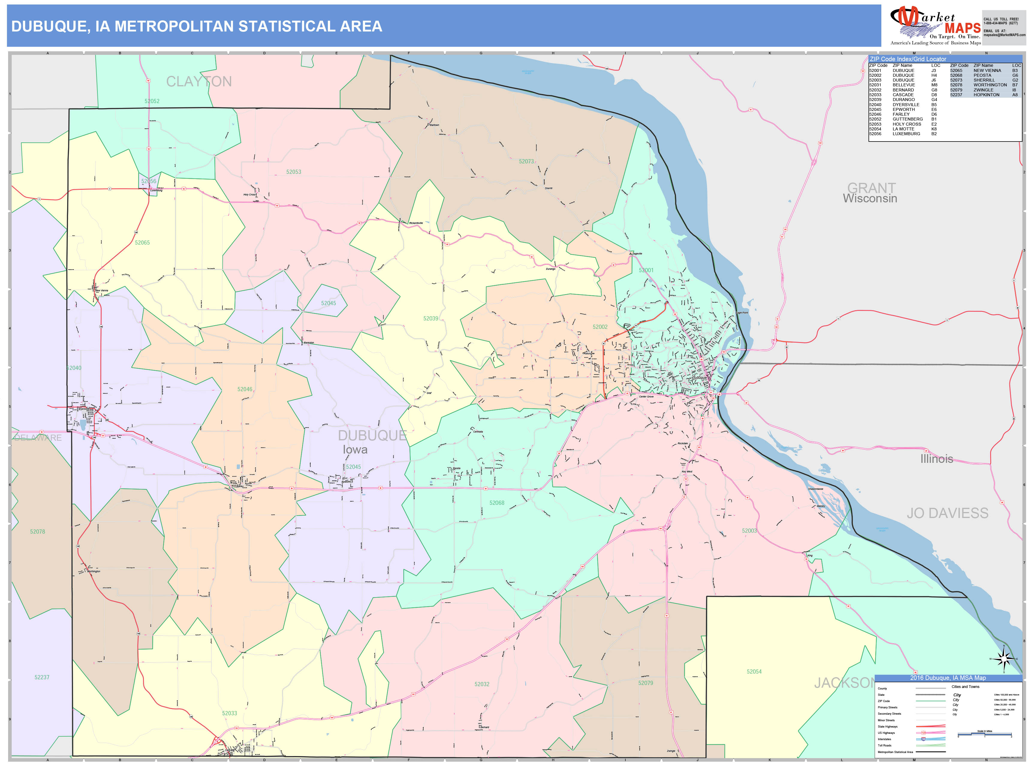 Dubuque, IA Metro Area Wall Map Color Cast Style by MarketMAPS - MapSales