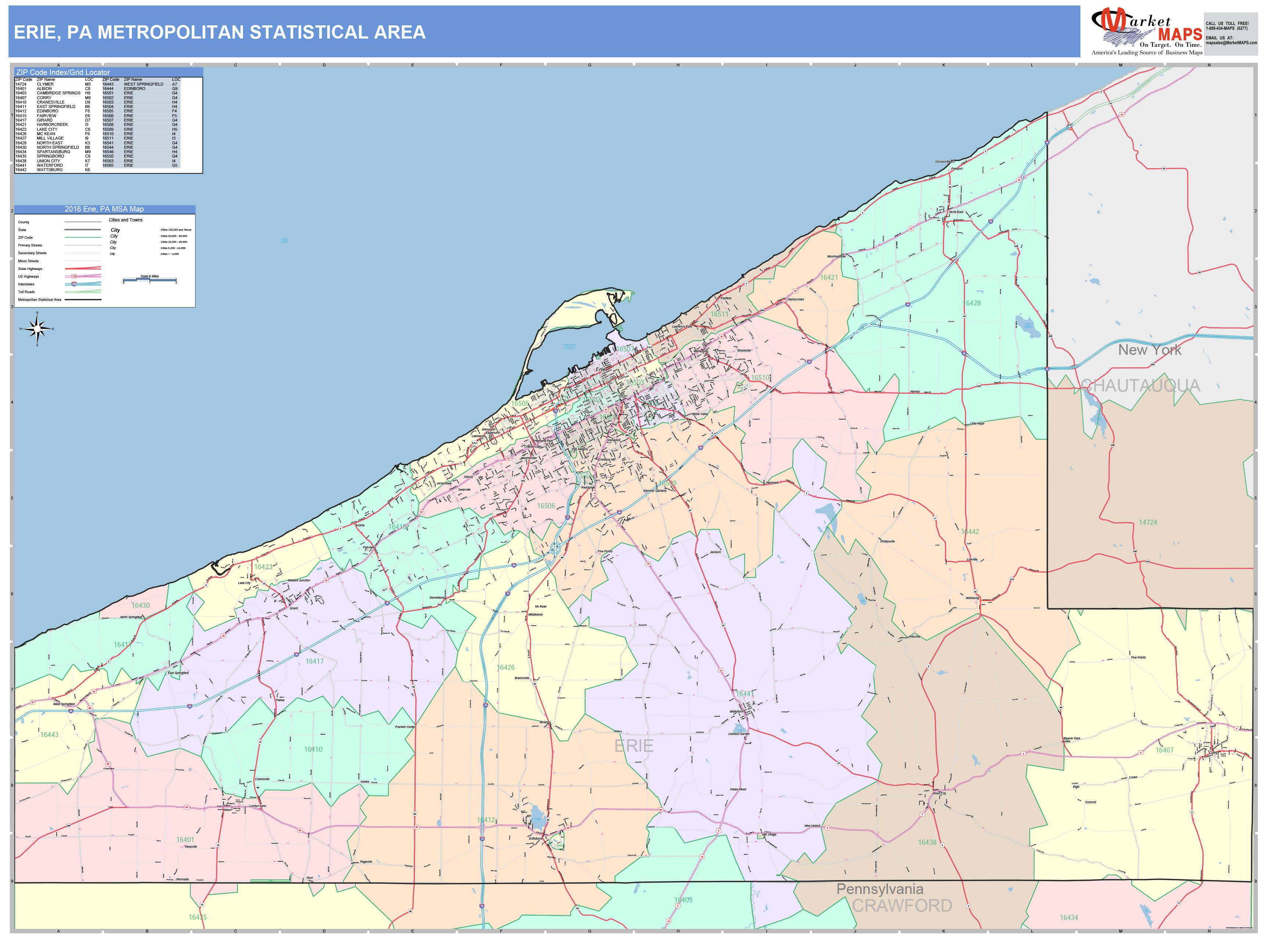 Erie, PA Metro Area Wall Map Color Cast Style by MarketMAPS - MapSales.com