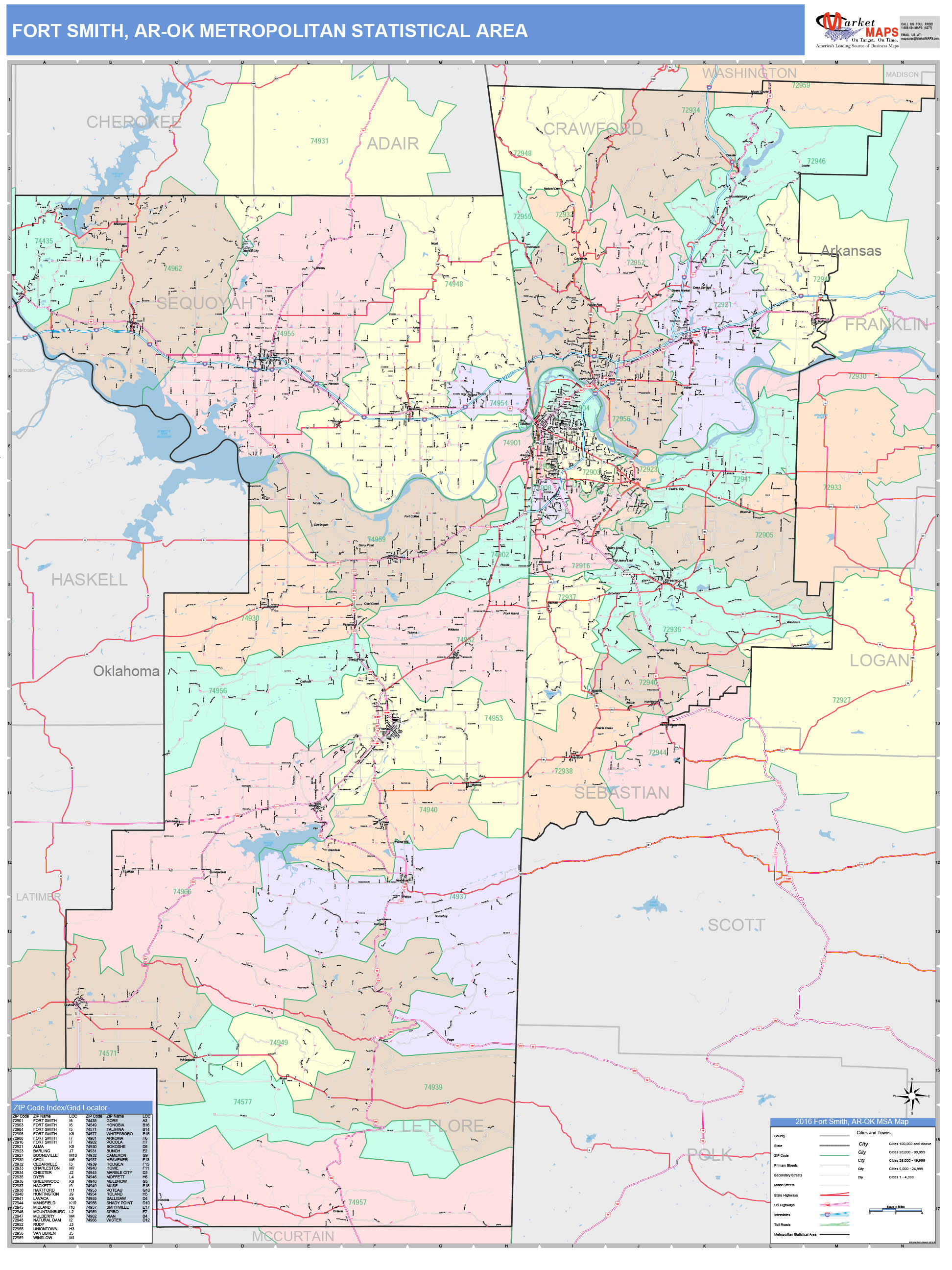 Fort Smith, AR Metro Area Wall Map Color Cast Style by MarketMAPS