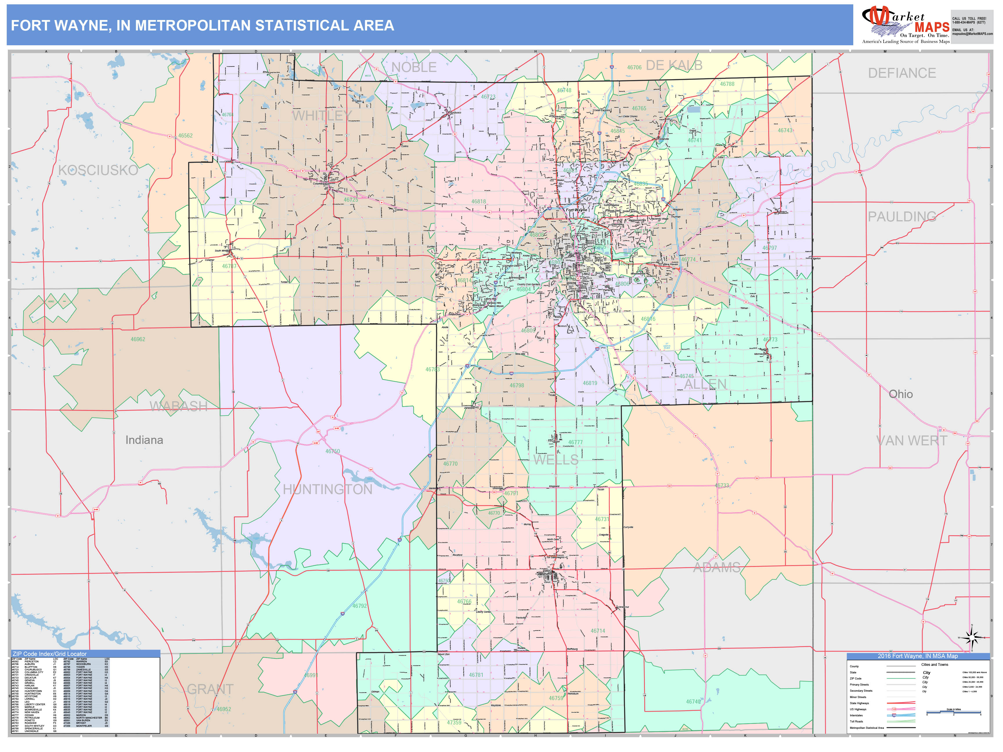 Fort Wayne, IN Metro Area Wall Map Color Cast Style by MarketMAPS ...