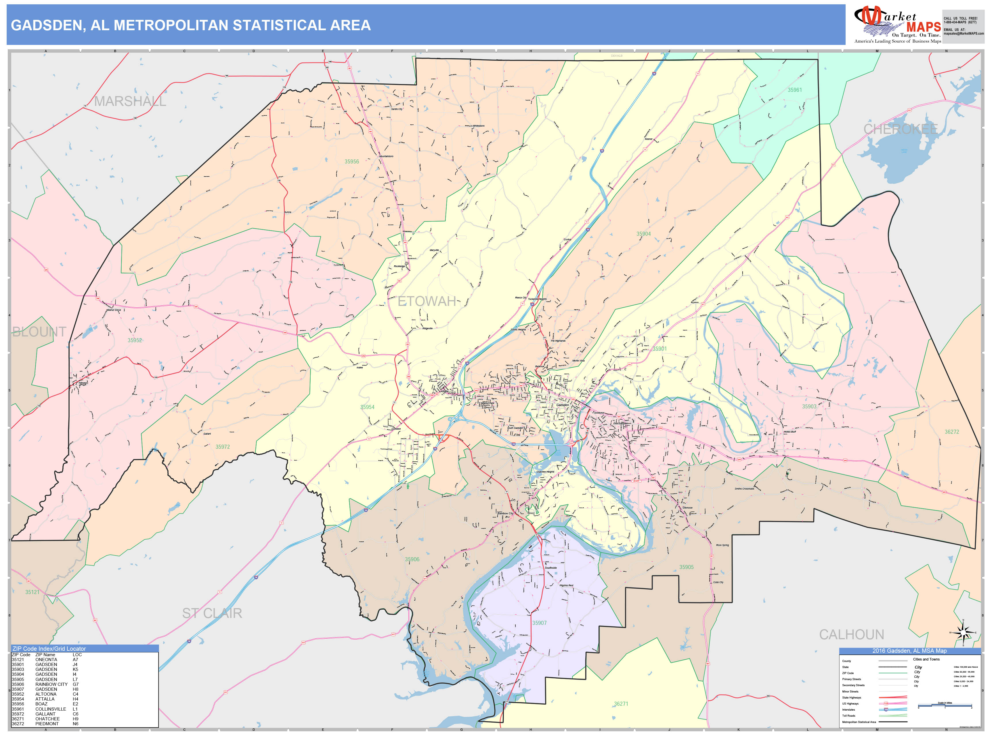 Gadsden, AL Metro Area Wall Map Color Cast Style by MarketMAPS - MapSales