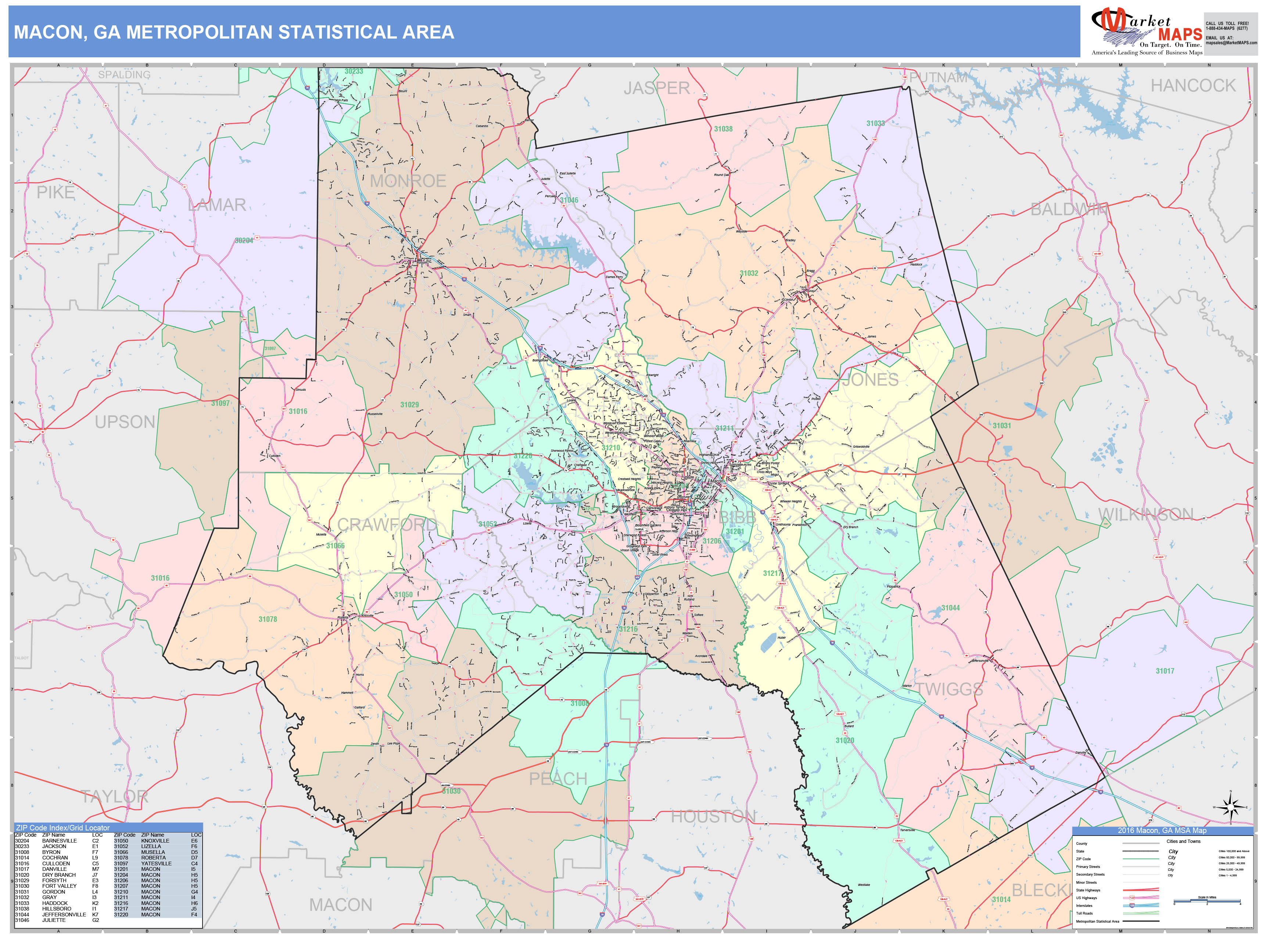 Macon, GA Metro Area Wall Map Color Cast Style by MarketMAPS - MapSales