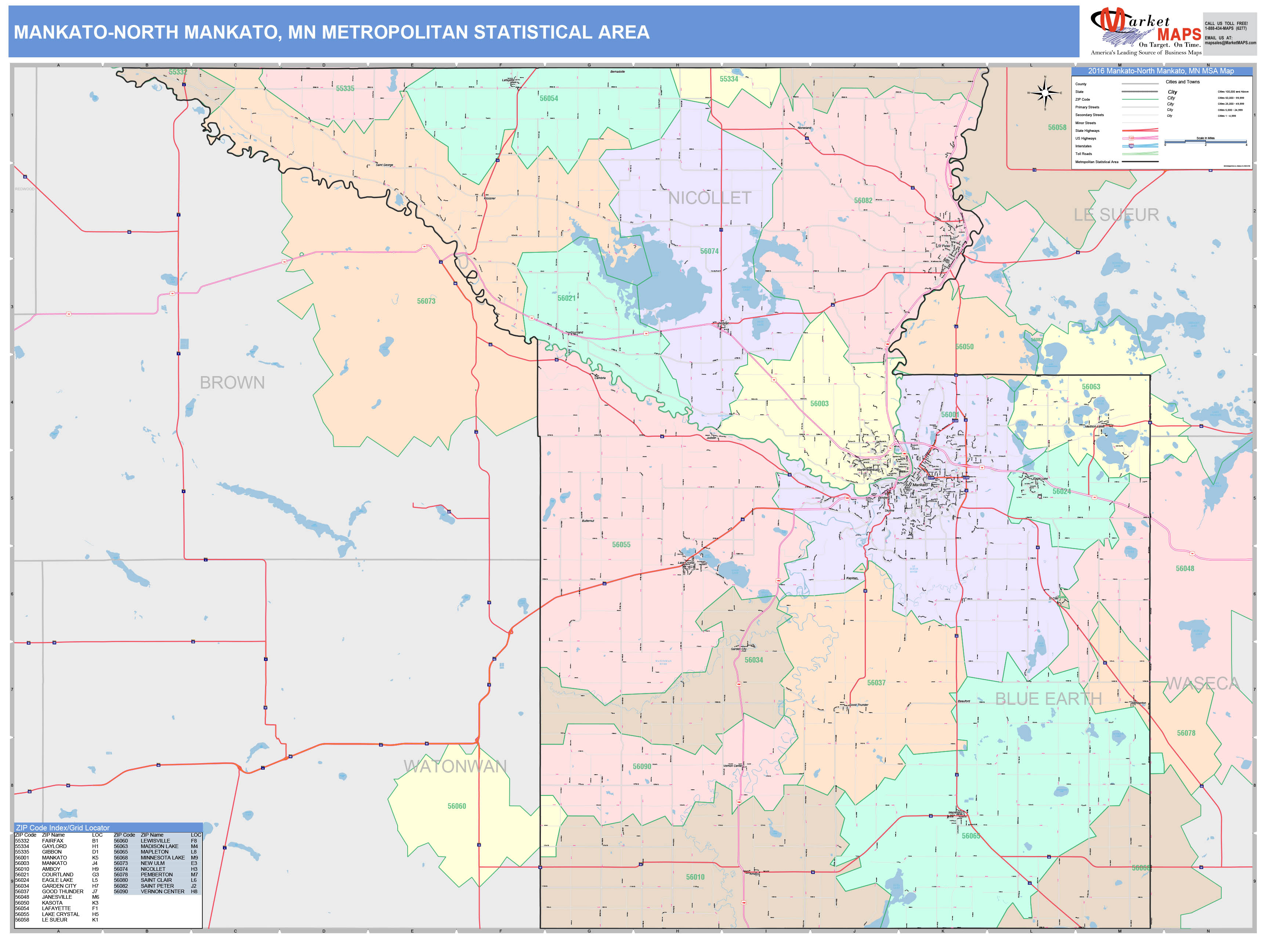Mankato-North Mankato, MN Metro Area Wall Map Color Cast Style by ...