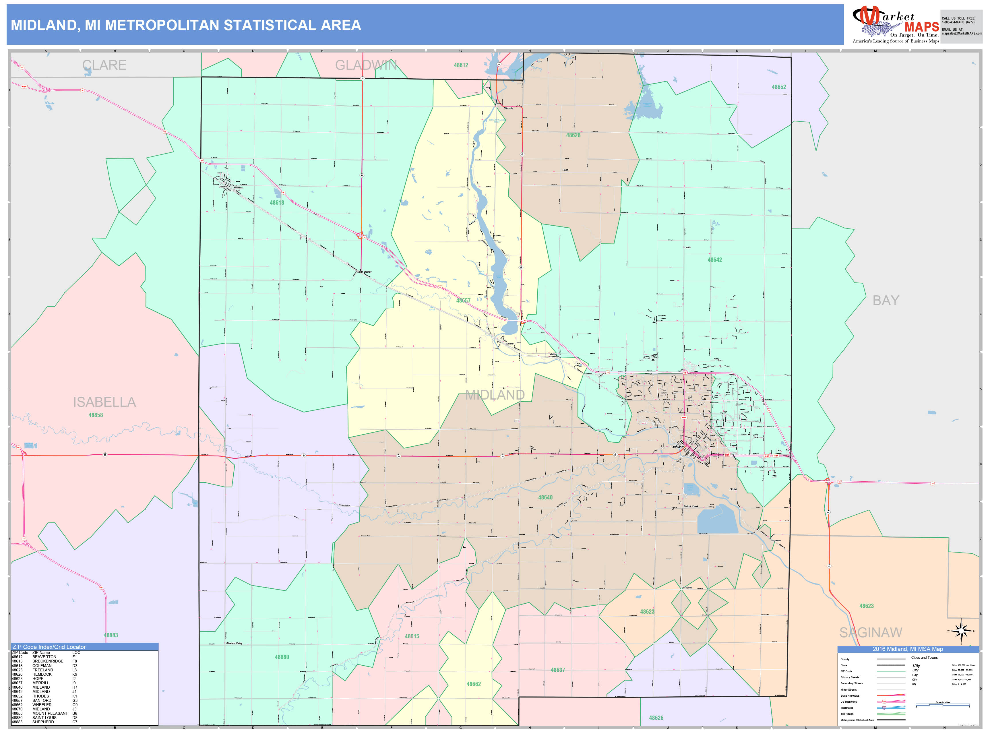 Midland, MI Metro Area Wall Map Color Cast Style by MarketMAPS - MapSales