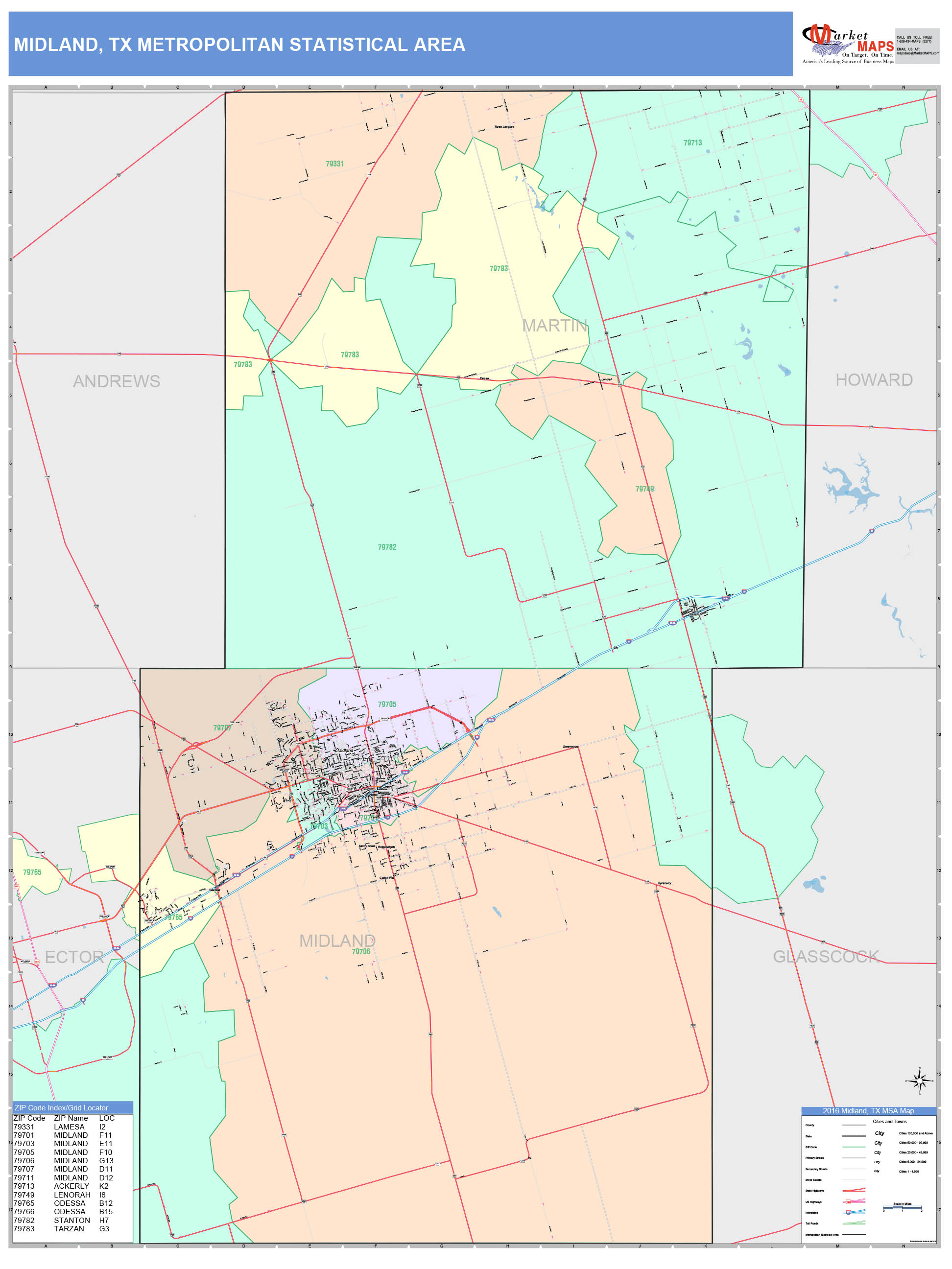 Midland, TX Metro Area Wall Map Color Cast Style by MarketMAPS - MapSales