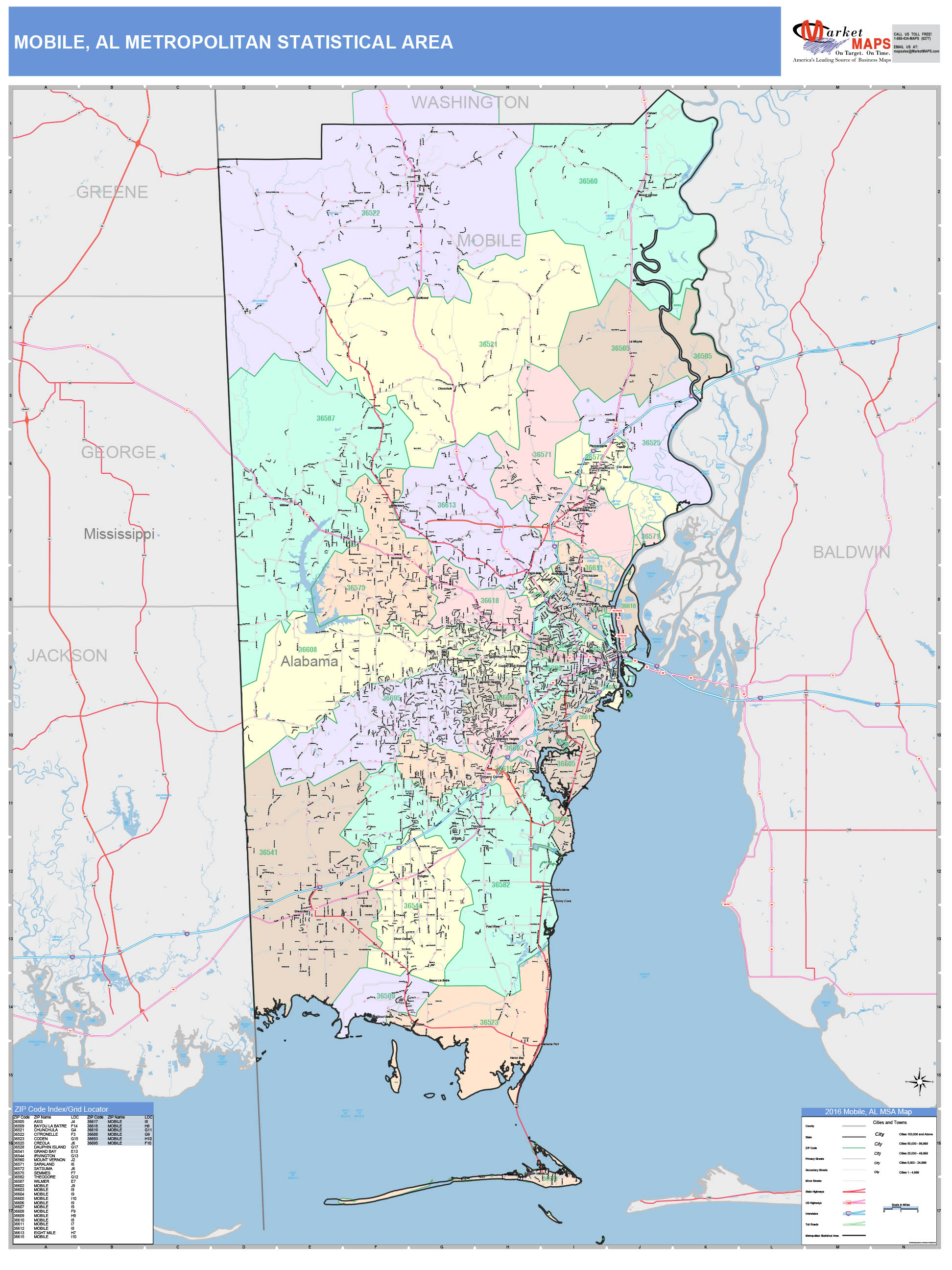 Mobile, AL Metro Area Wall Map Color Cast Style by MarketMAPS - MapSales