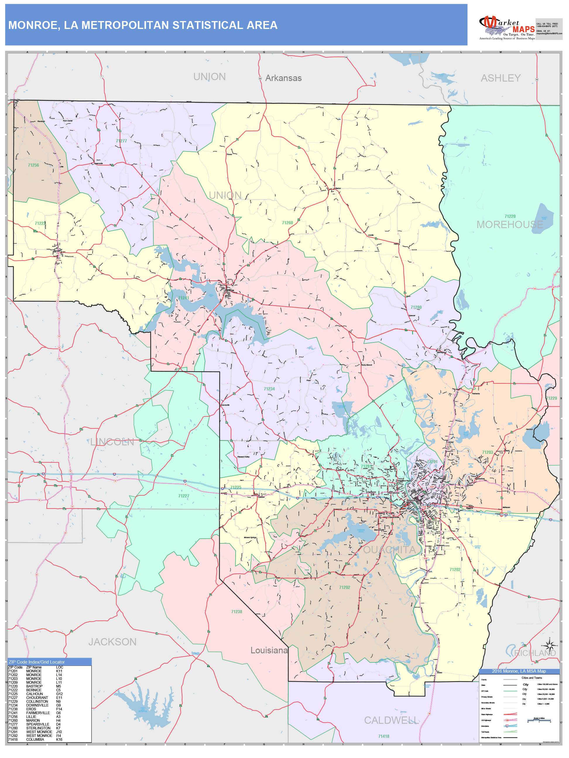 Monroe, LA Metro Area Wall Map Color Cast Style by MarketMAPS - MapSales