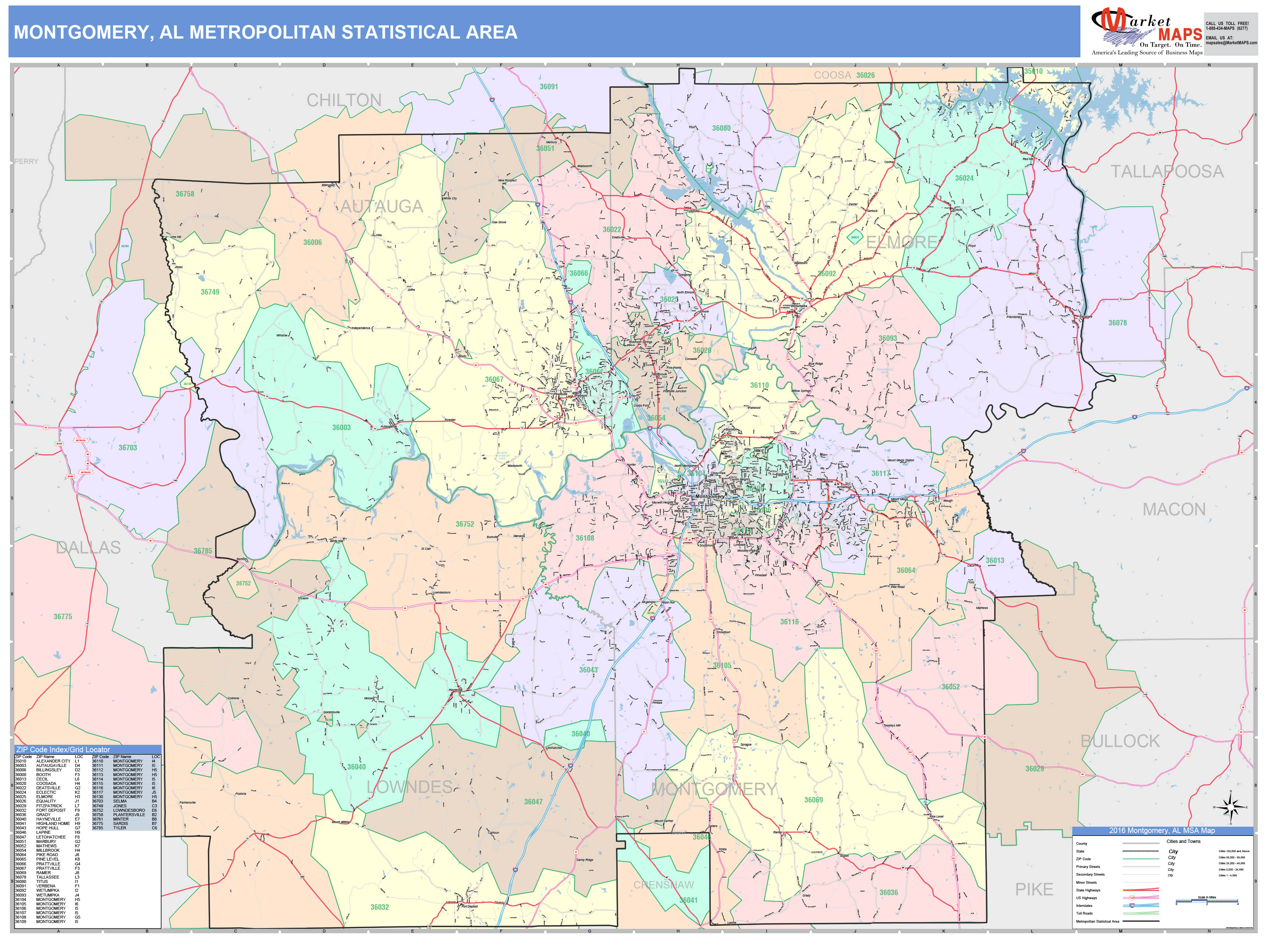 Montgomery, AL Metro Area Wall Map Color Cast Style by MarketMAPS ...