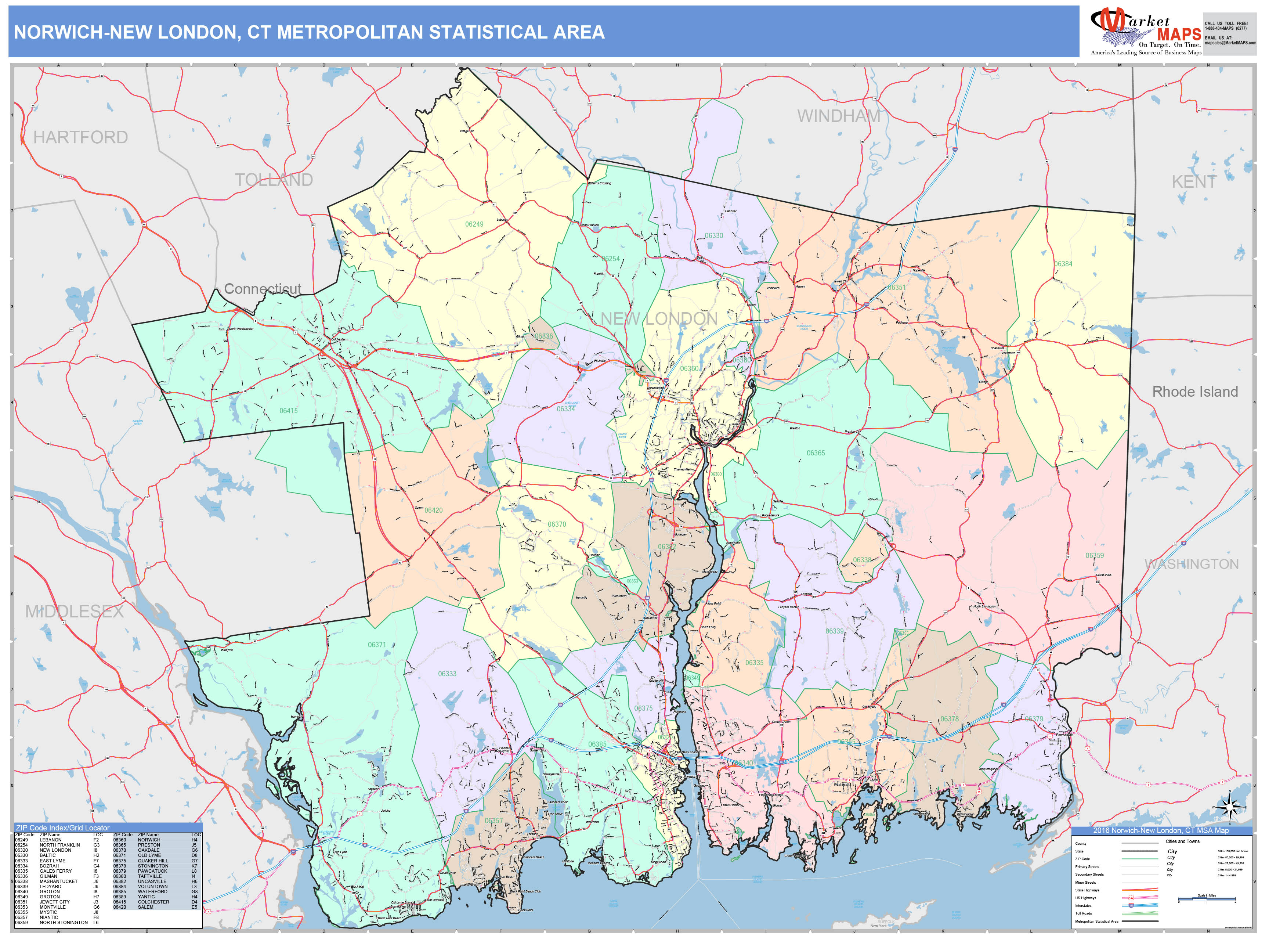 Norwich-New London, CT Metro Area Wall Map Color Cast Style by MarketMAPS