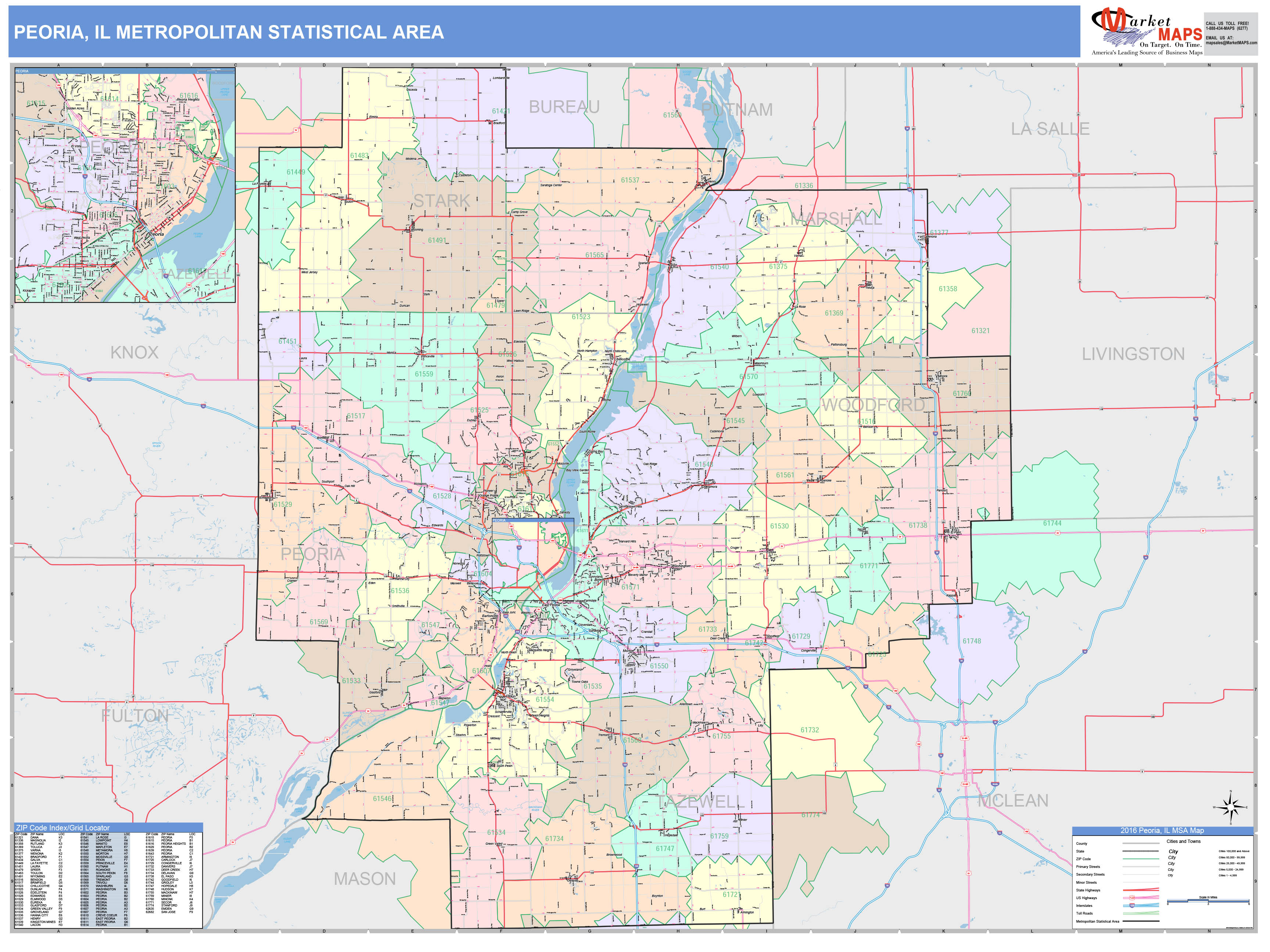 Peoria, IL Metro Area Wall Map Color Cast Style by MarketMAPS - MapSales