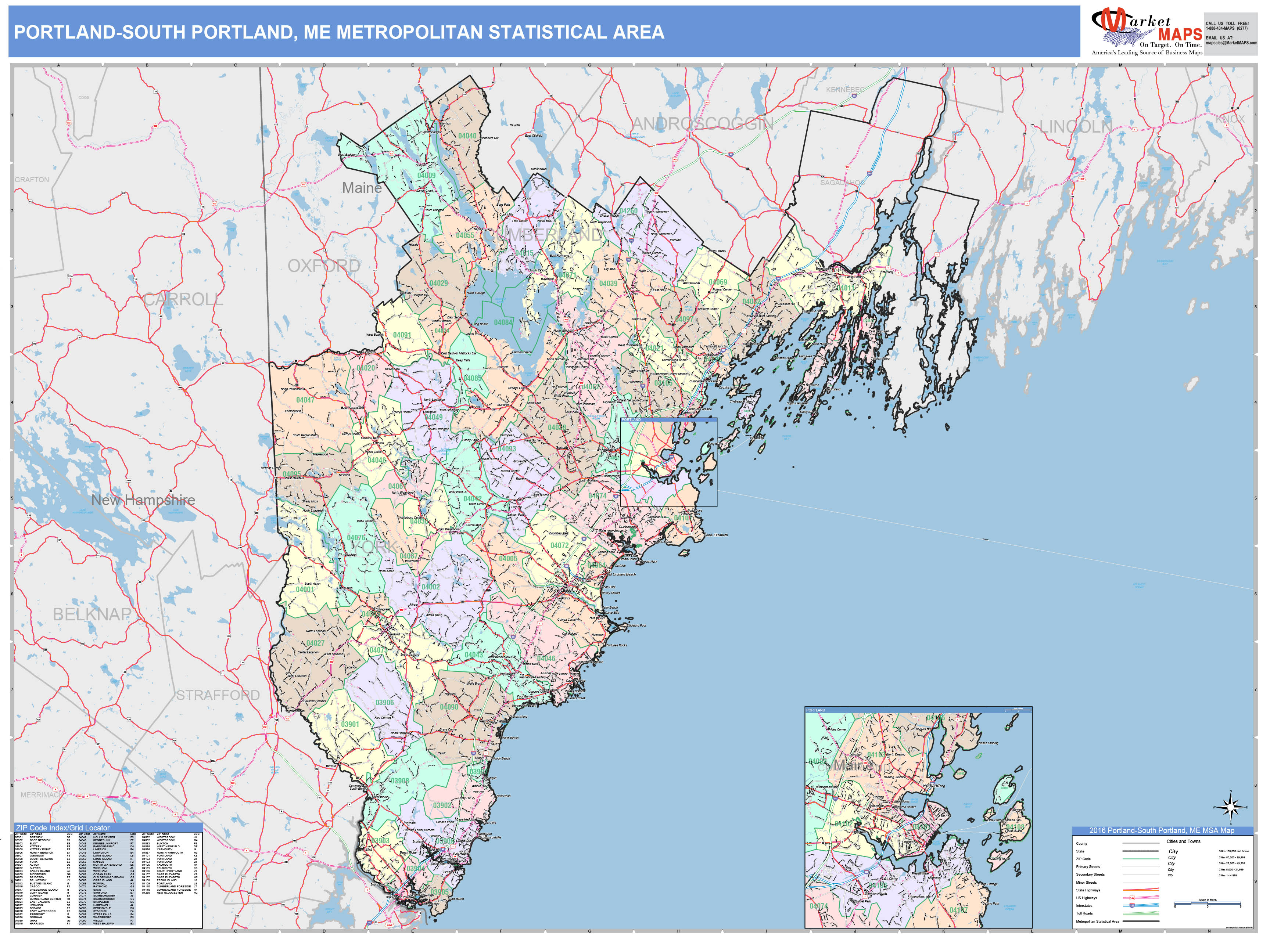 Portland-South Portland, ME Metro Area Wall Map Color Cast Style by ...