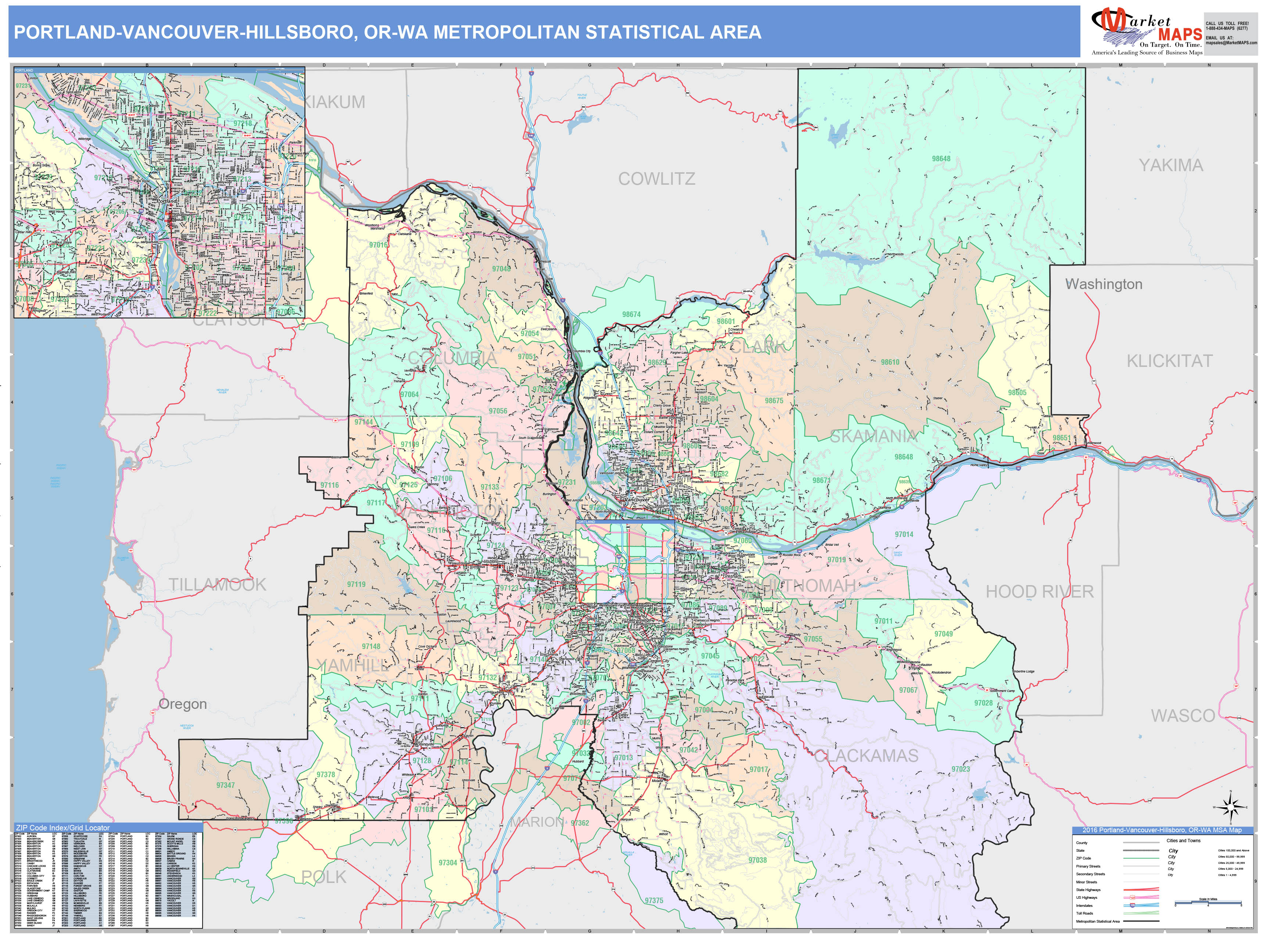Portland-Vancouver-Hillsboro, OR Metro Area Wall Map Color Cast Style ...