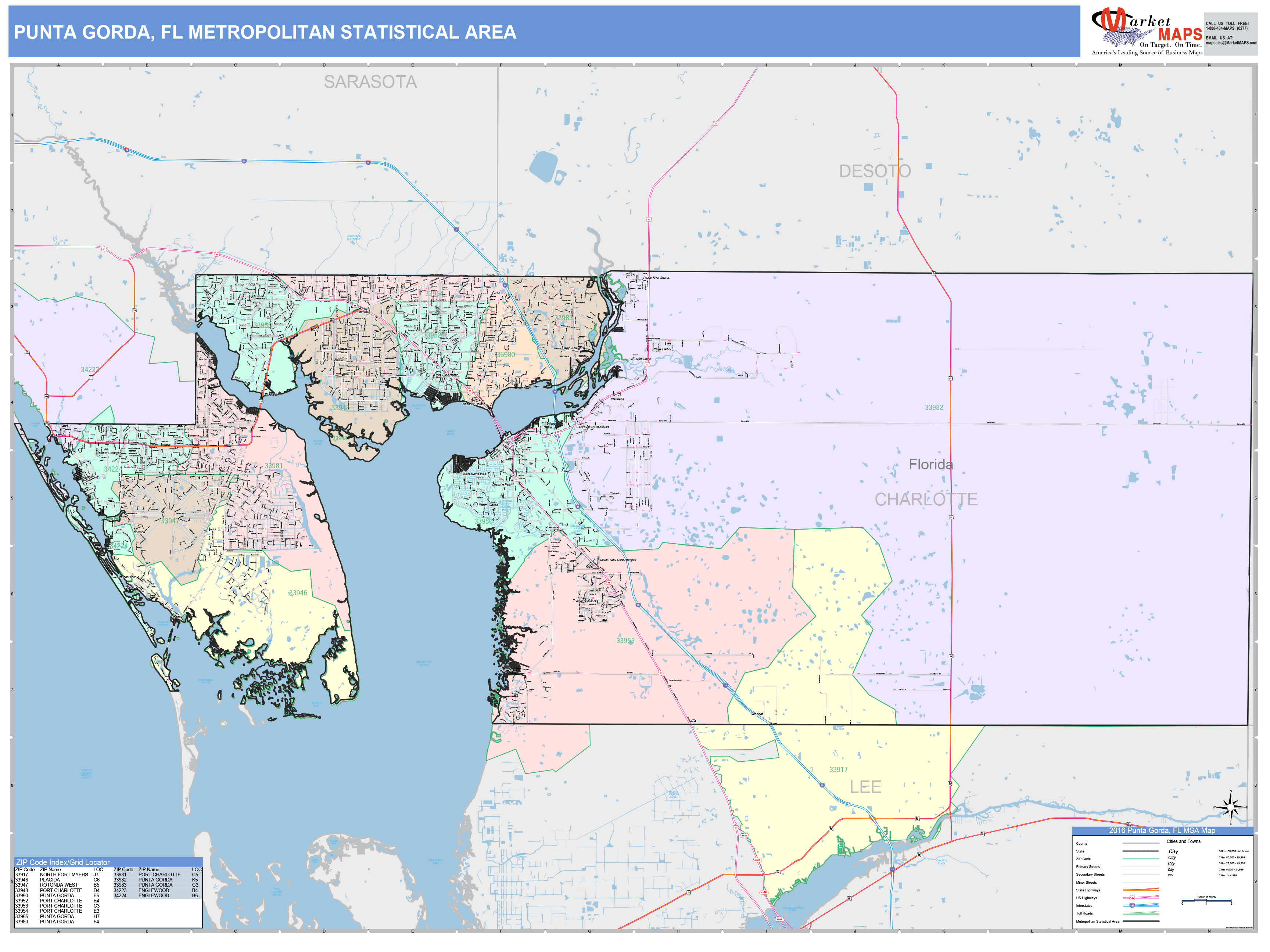Punta Gorda, FL Metro Area Wall Map Color Cast Style by MarketMAPS