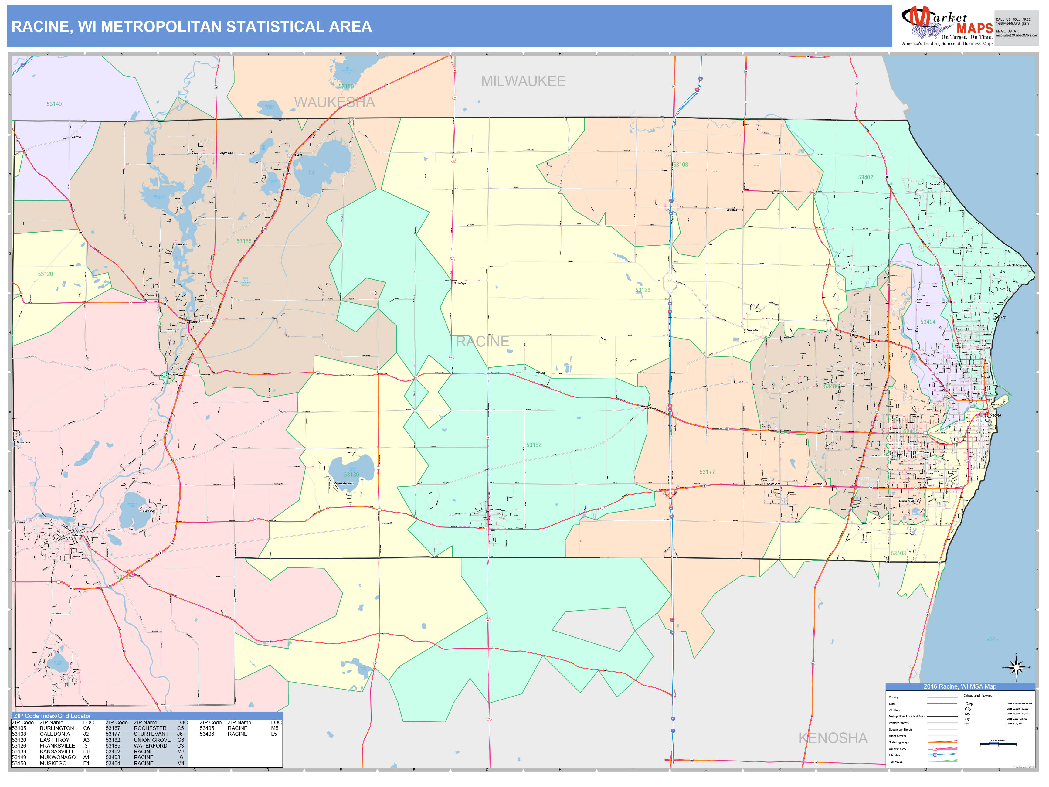 Racine, WI Metro Area Wall Map Color Cast Style by MarketMAPS - MapSales Racine, WI Metro Area Wall Map Color Cast Style by MarketMAPS - MapSales