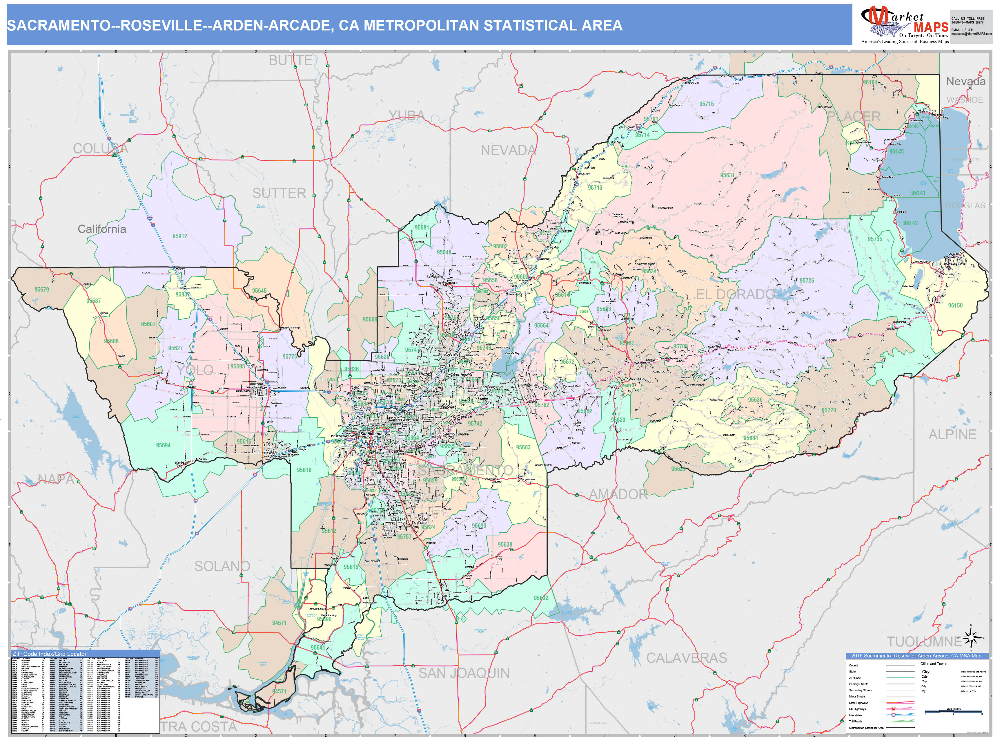 Sacramento-Roseville-Arden-Arcade, CA Metro Area Wall Map Color Cast ...