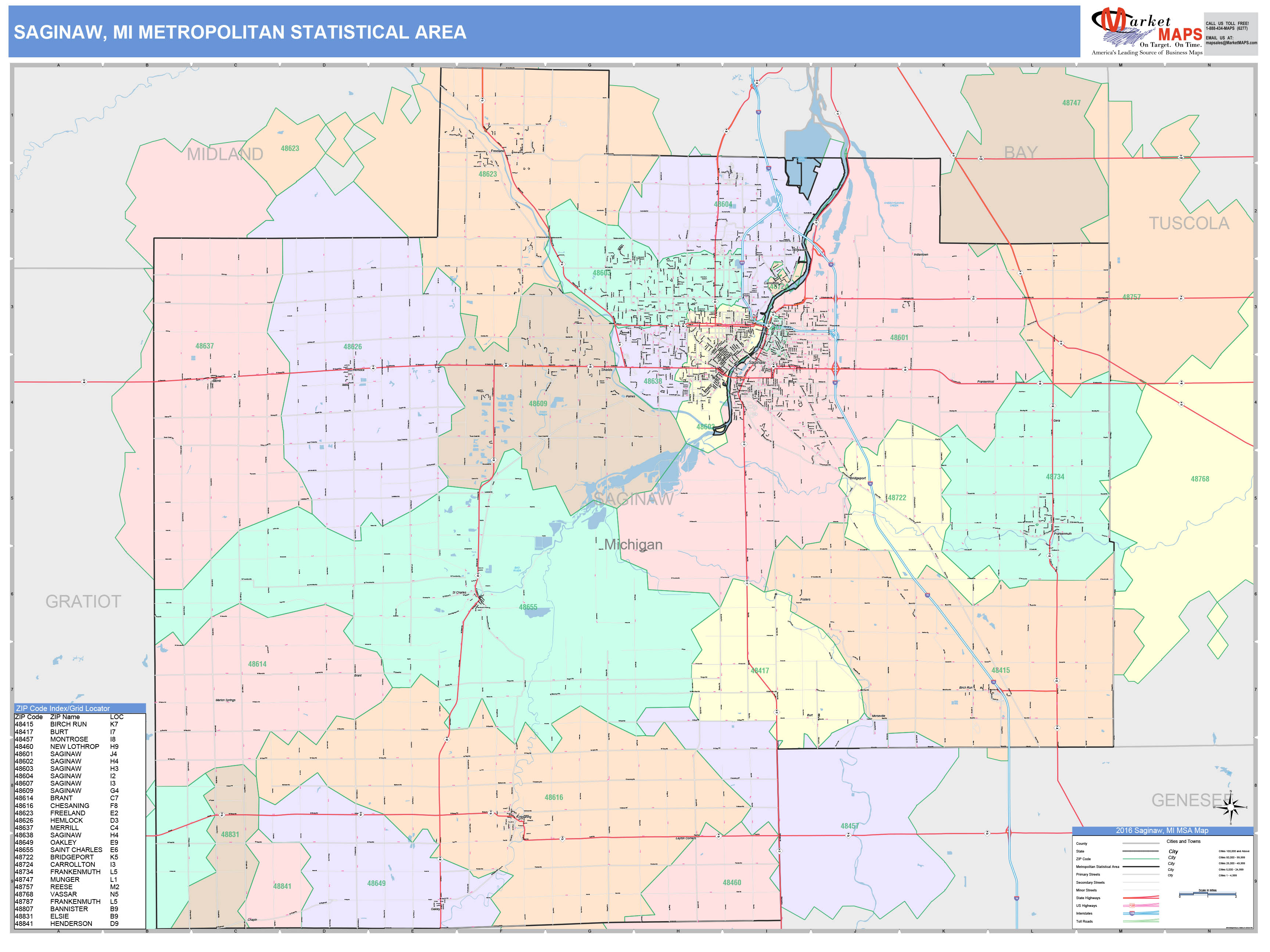 Saginaw, MI Metro Area Wall Map Color Cast Style by MarketMAPS - MapSales