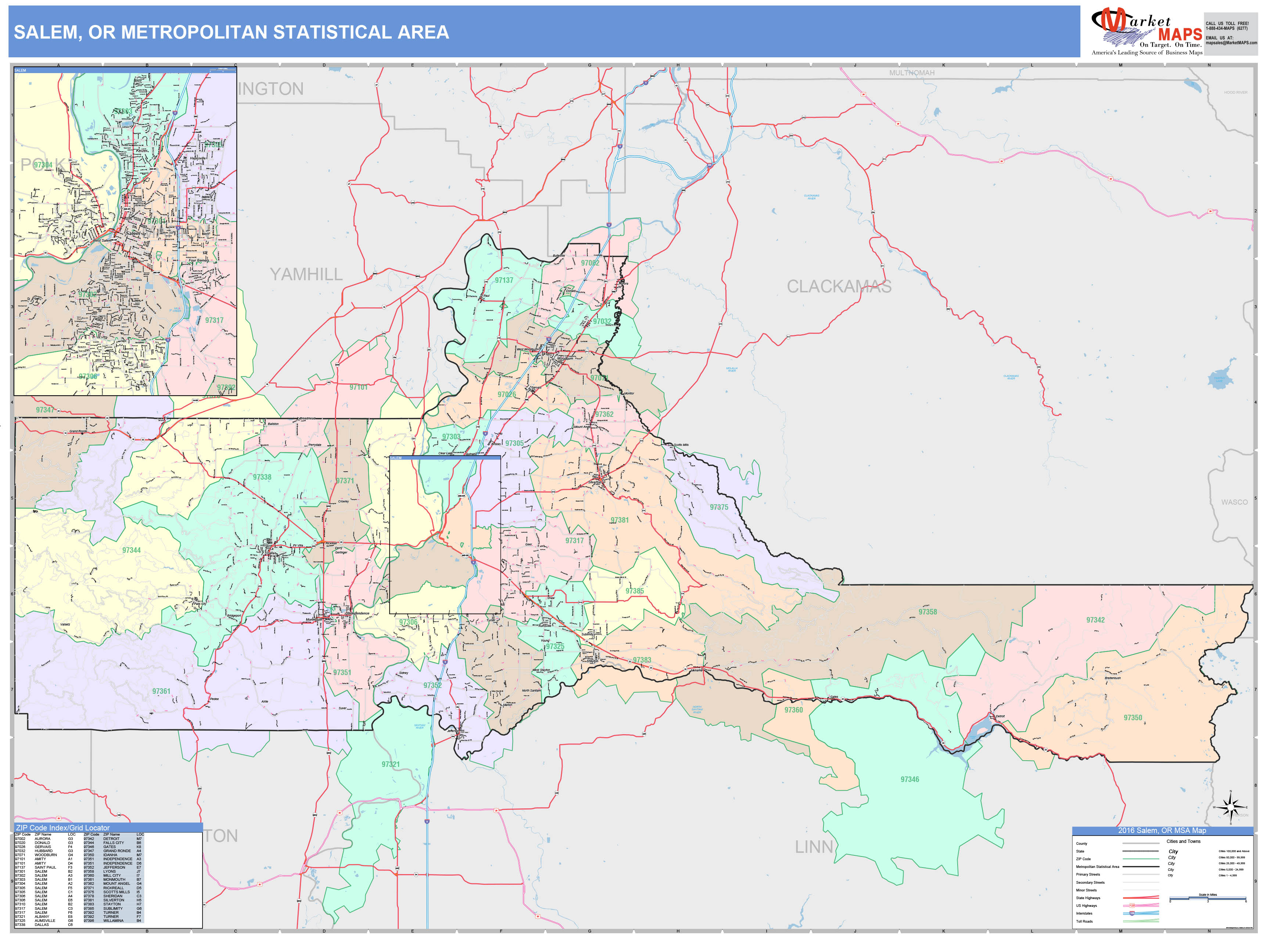 Salem, OR Metro Area Wall Map Color Cast Style by MarketMAPS - MapSales.com