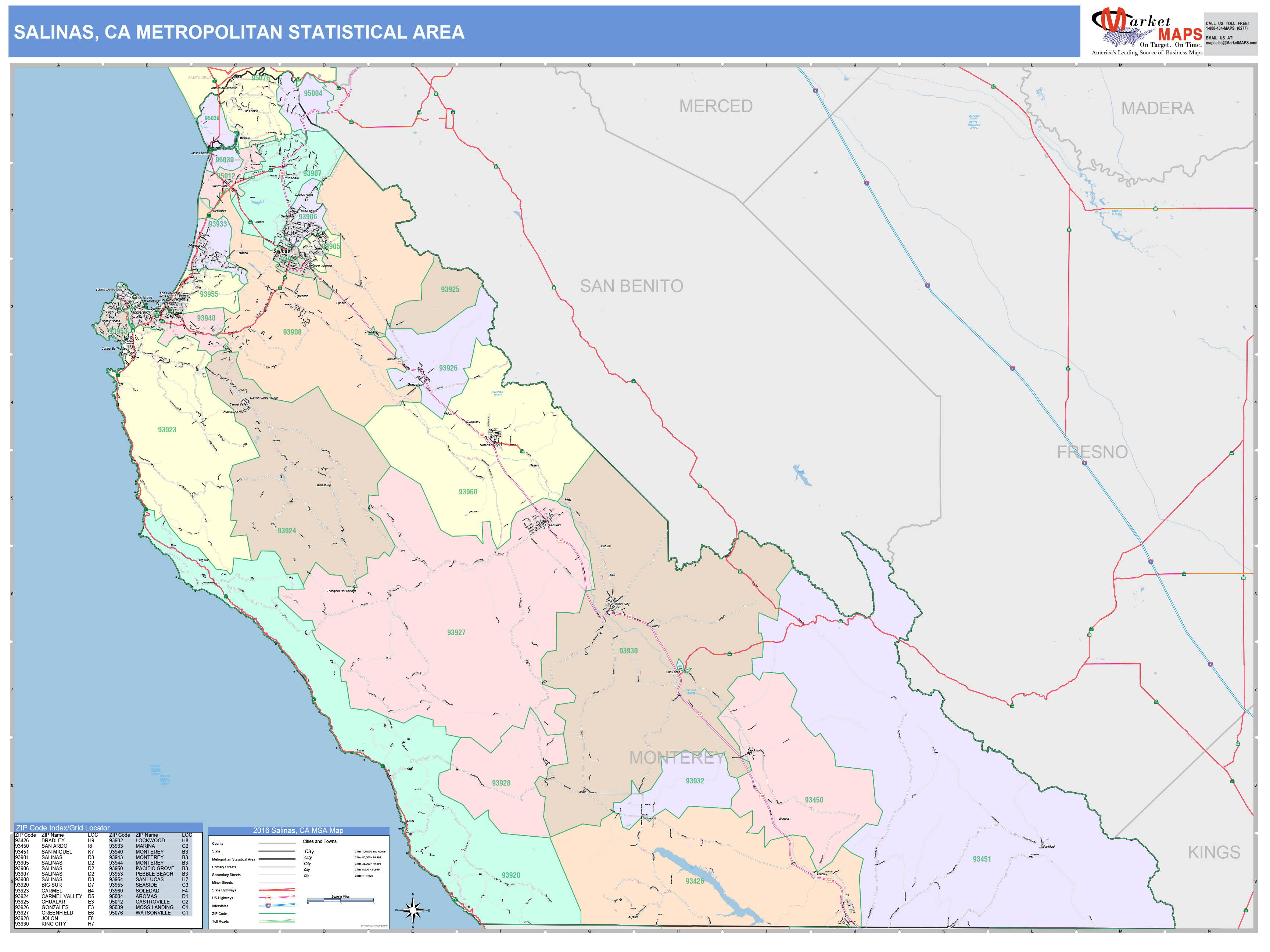 Salinas, CA Metro Area Wall Map Color Cast Style by MarketMAPS ...