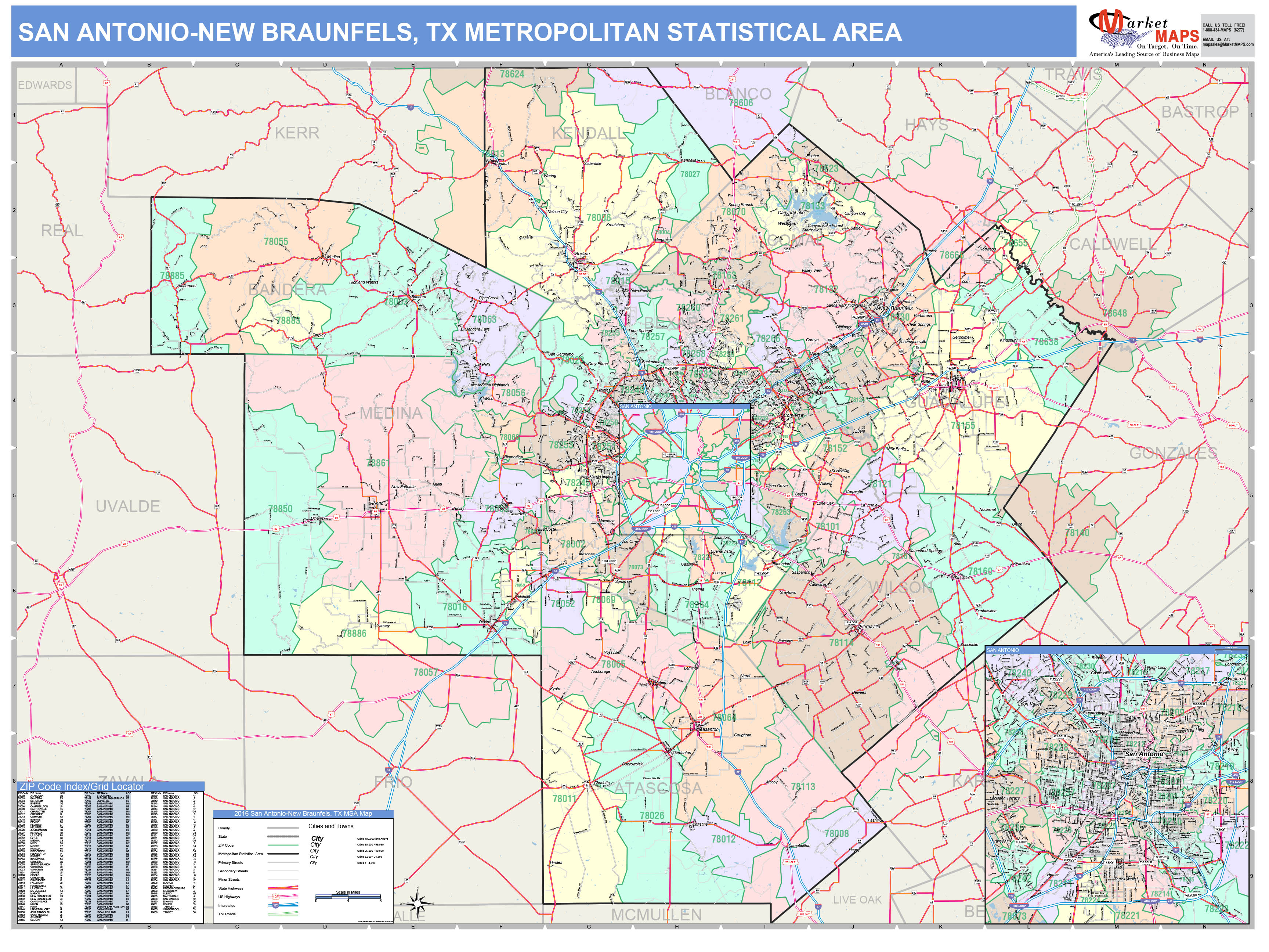 San Antonio-New Braunfels, TX Metro Area Wall Map Color Cast Style by ...